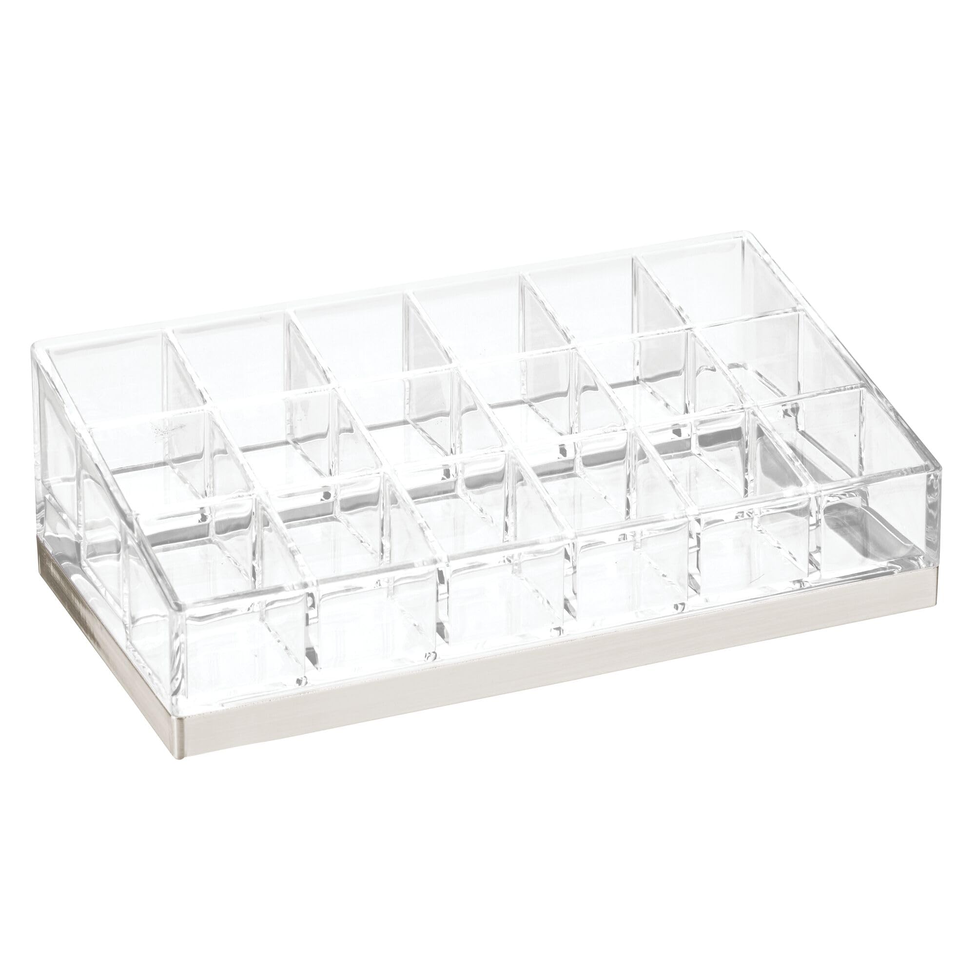 mDesign Plastic Organizer Storage Center for Bathroom Vanity, Countertops, Bedroom Nightstands, 18 Sections - Hold Essential Oil Sets, Makeup Brushes, Cosmetics - Keep Near Diffuser - Clear/Brushed