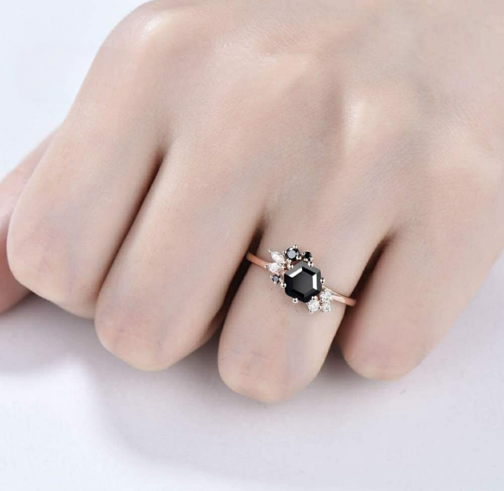 Vintage Black onyx engagement ring hexagon cut black onyx ring rose gold cluster unique engagement ring diamond ring promise wedding ring (Rose Gold, 7)