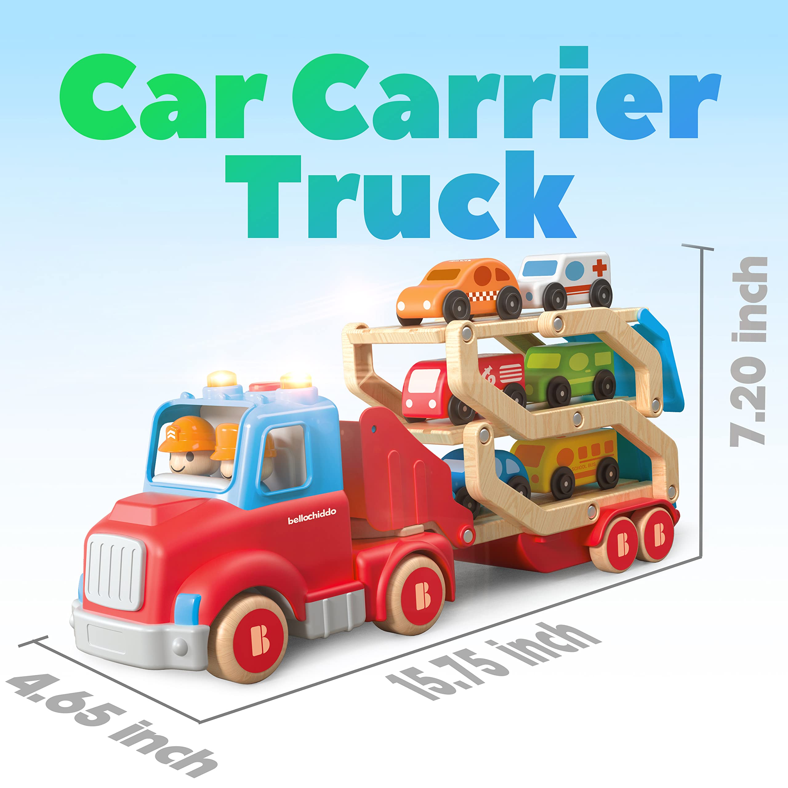 Transformable 3-Layer Wooden Car Carrier Truck Toy with Lights & Sounds - Car Toys for Kids