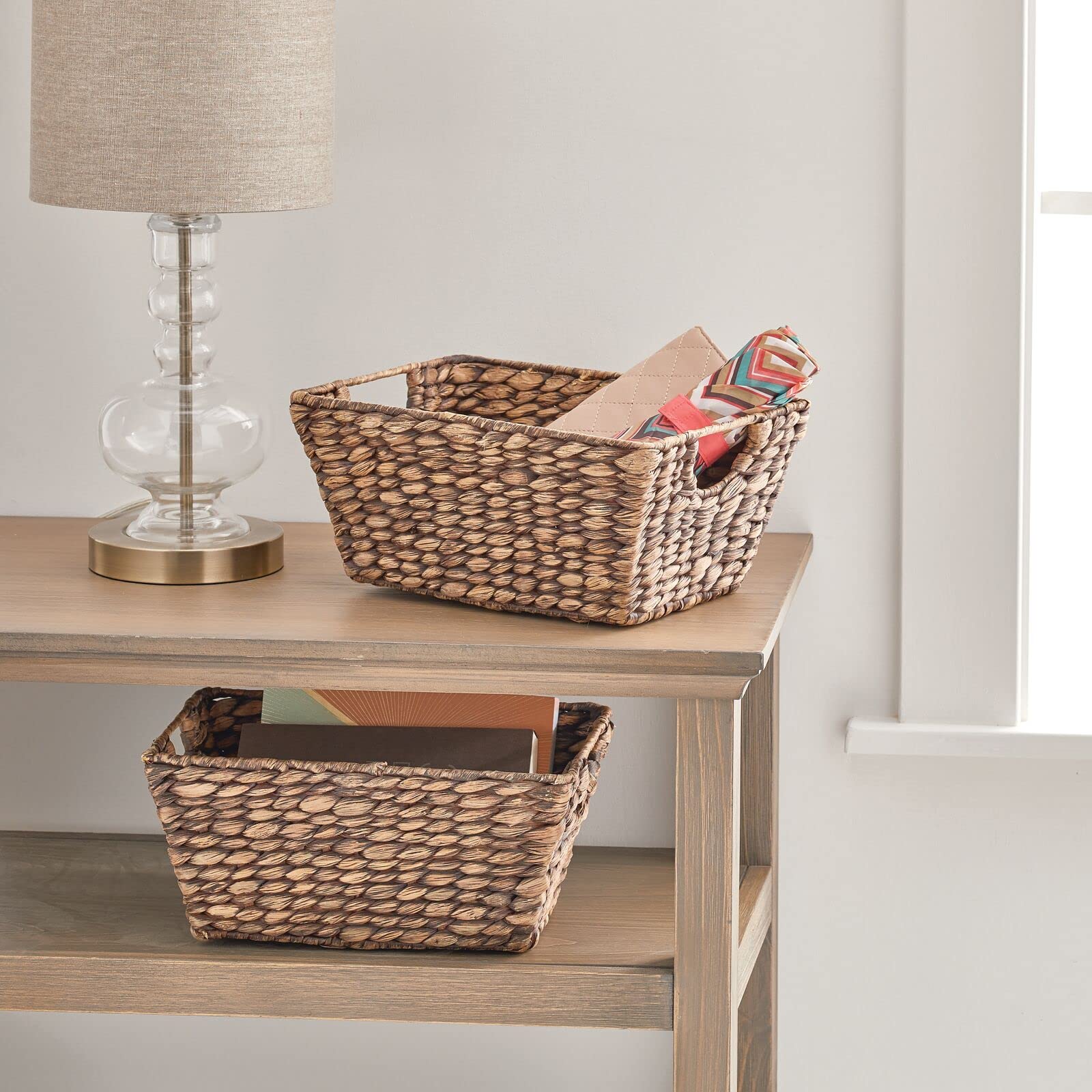 mDesign Set of 4 Wicker Storage Baskets with Handles – Storage Baskets for the Bedroom, Living Room, Bathroom or Hallway – Wicker Baskets for Household Items – Black