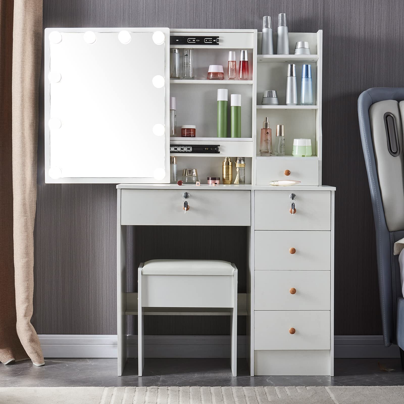 Makeup Vanity Set with LED Bulbs and Sliding Mirror, Vanity Desk with Chair and Drawers, Lots Storage Dressing Table with 3 Color Lighting Modes for Bedroom Dressing room