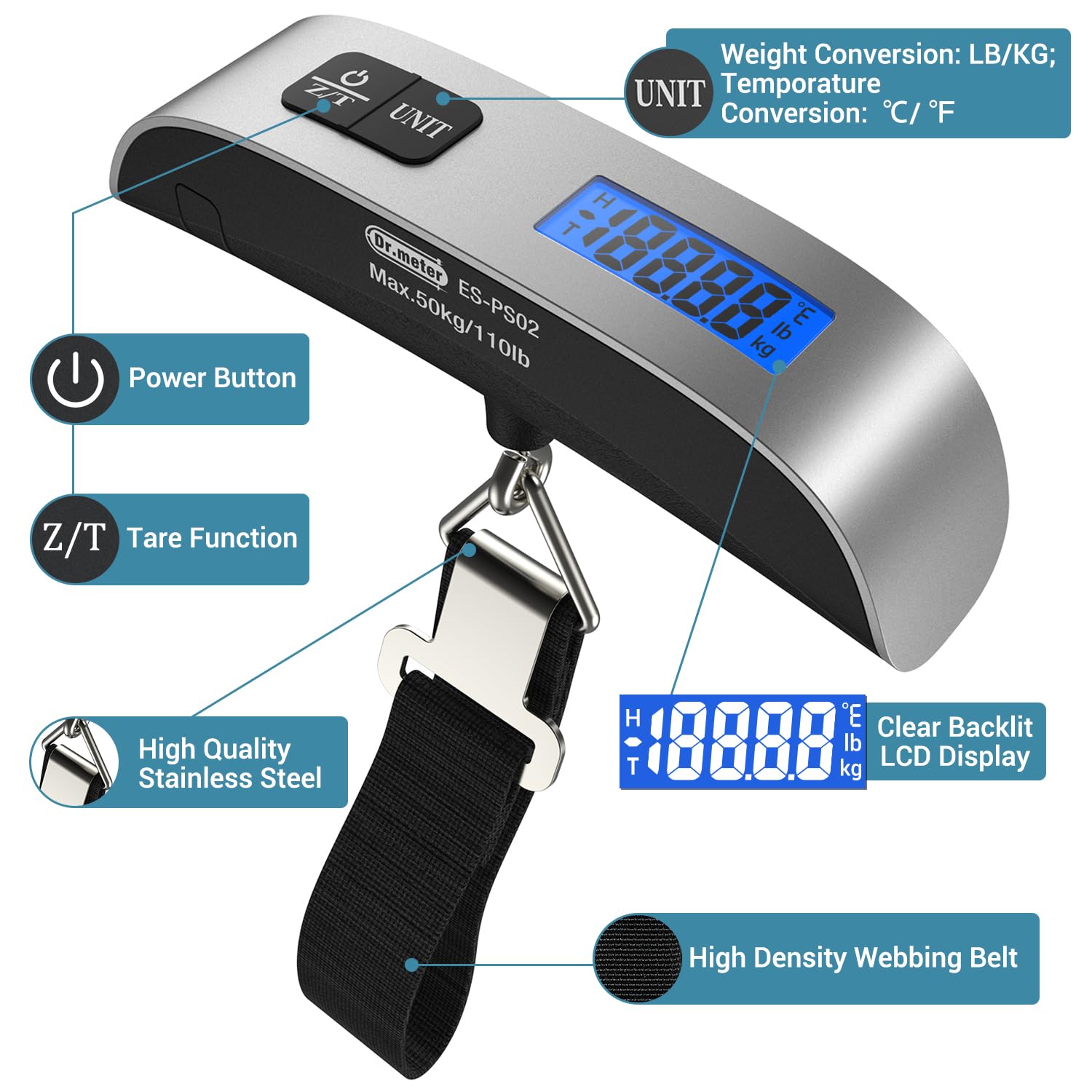 Luggage Scale, Dr.meter Travel Accessories Backlight LCD Display PS02 110lb/50kg Electronic Balance Digital Postal Luggage Weight Scale with Rubber Paint Handle Temperature Sensor Silver