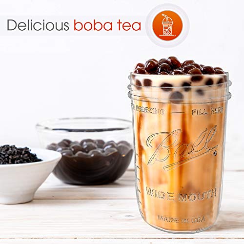 Reusable Boba Bubble Tea & Smoothie Cups - 2 Glass Wide Mouth 16oz Mason Jars with Bamboo Lids - 2 Reusable Silver Stainless Steel Boba Straws
