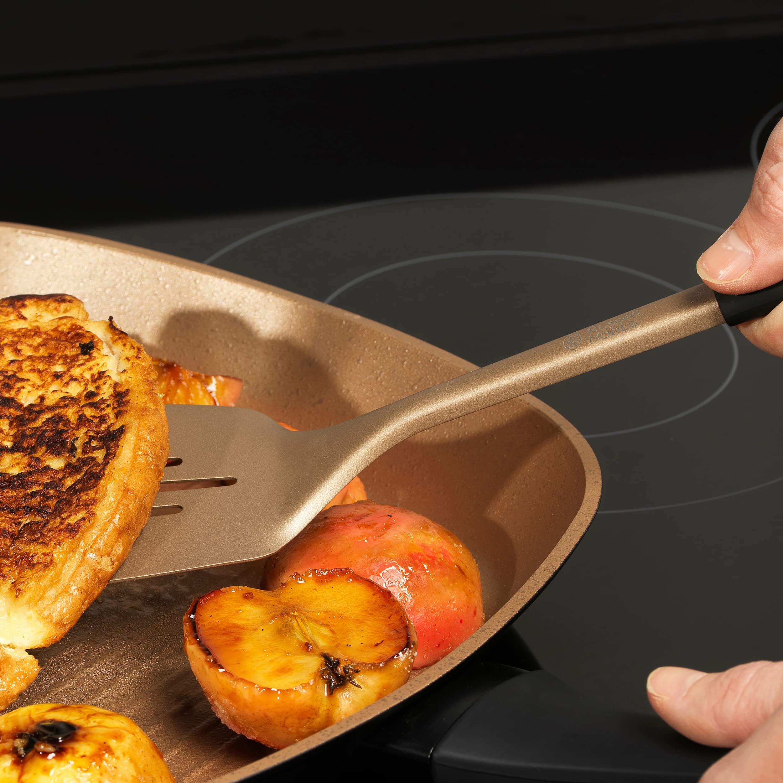 Russell Hobbs RH02170BEU Opulence 5 Piece Kitchen Utensil Set, Non-Stick Cooking Spoons & Soft-Touch Handles, Includes Solid and Slotted Spoon, Spaghetti Spoon, Slotted Spatula and Ladle, Black/Gold