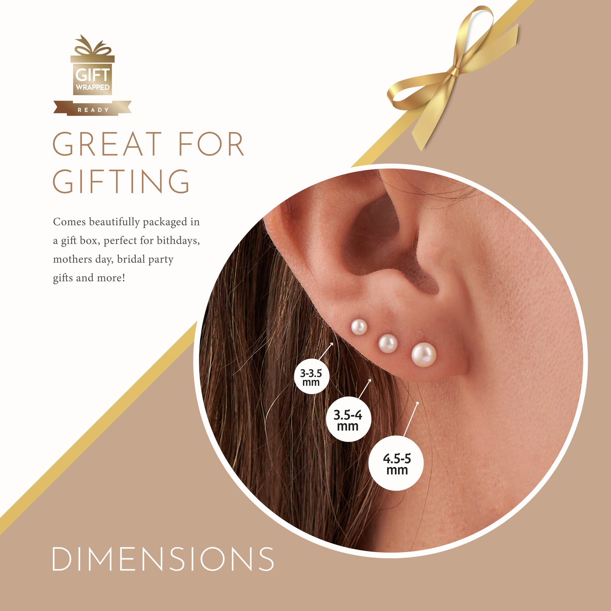 Solid 14k Gold & Freshwater Pearl Stud Earrings for Women, Hypoallergenic Butterfly Pushback Studs for Pierced Ears. (4.5-5mm)