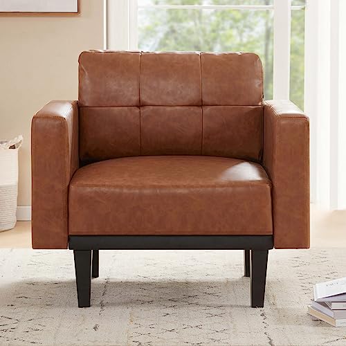 Mid-Century Modern Leather Accent Wood Base & Legs, Oversized Upholstered Single Sofa Chair, Comfy Living Room Armchairs for Apartment Bedroom Office Study, Cognac/Espresso…, 1 Pcs, Brown