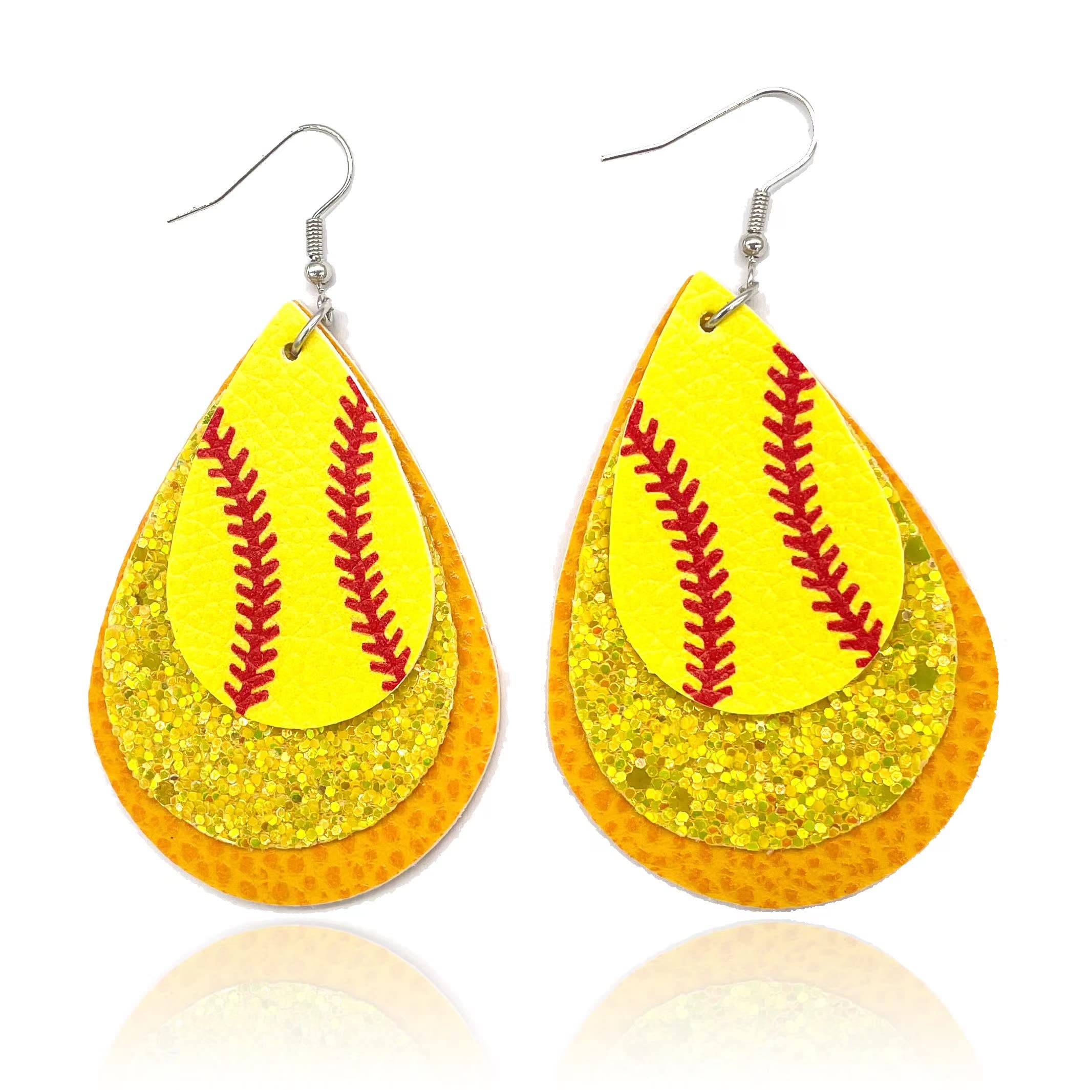 Softball Earrings for Women Genuine Leather Glitter Lightweight Jewelry Teardrop Dangle Earrings
