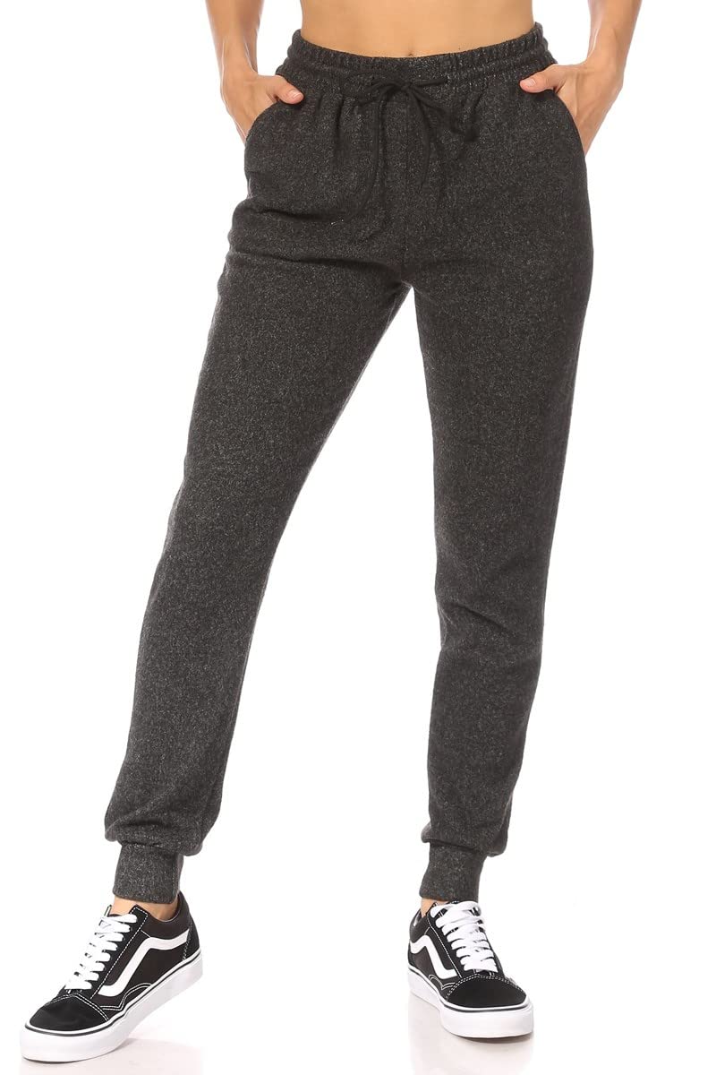 ShoSho Womens Ultra Soft High Rise Ribbed Fleece Lined Fitted Joggers Pants Lounge Sweatpants with Pockets Solid Charcoal Medium