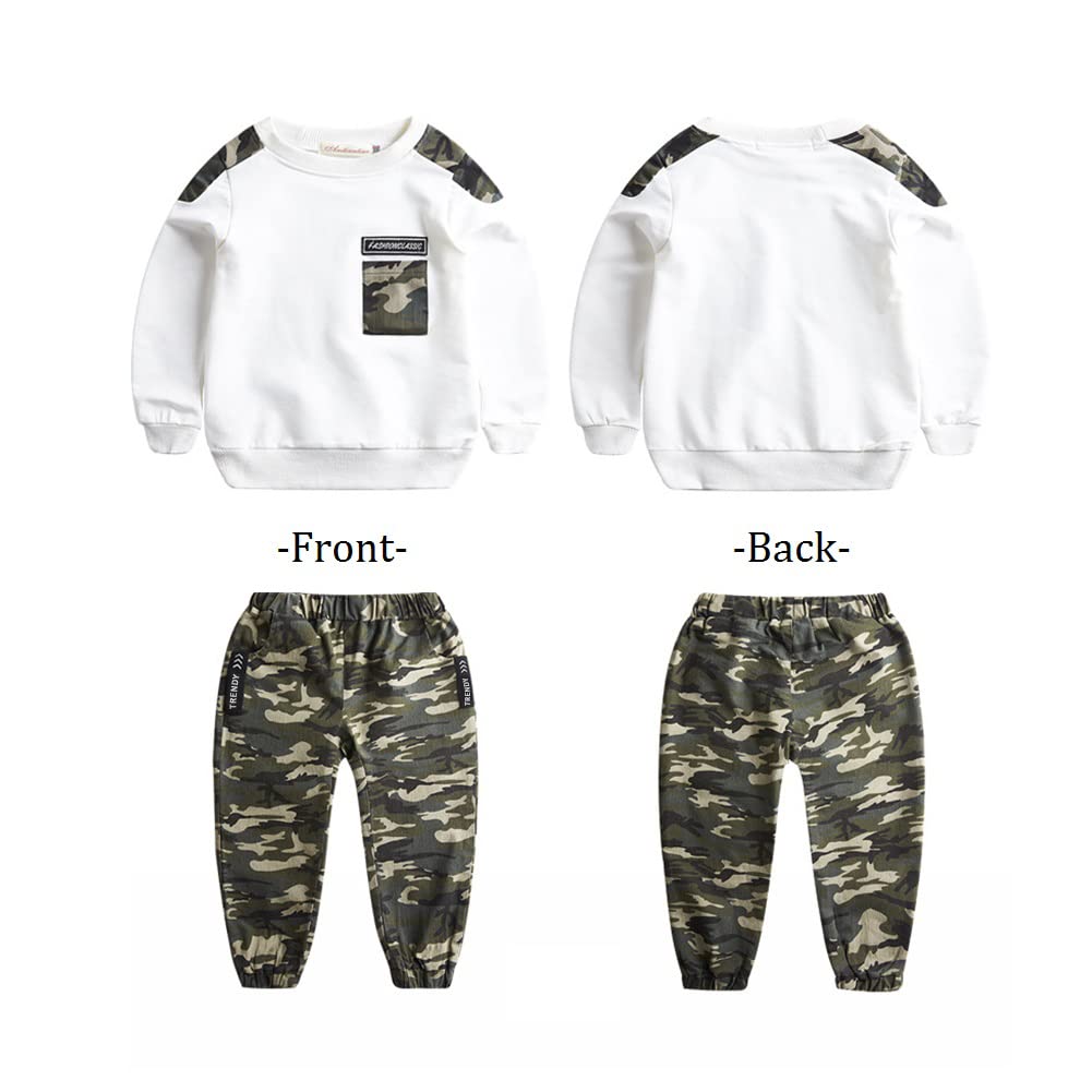 lontakids Boys Camouflage Outfit Teen Long Sleeve T-Shirt + Trousers Clothes Set (4/5, White)