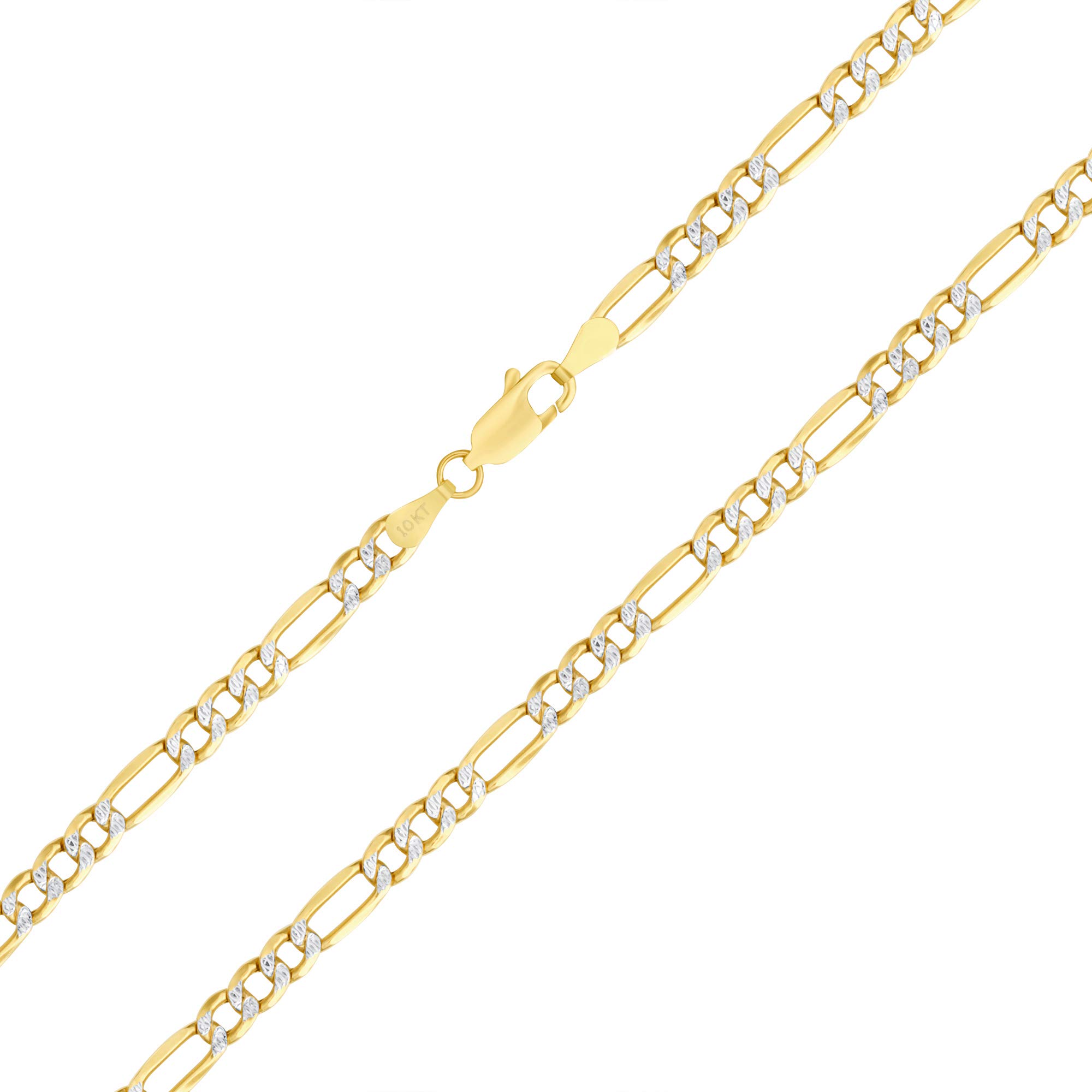Nuragold 10k Yellow Gold Solid 5mm Figaro Chain Link Diamond Cut Pave Two Tone Bracelet, Mens Womens Jewelry 7" 7.5" 8" 8.5" 9"