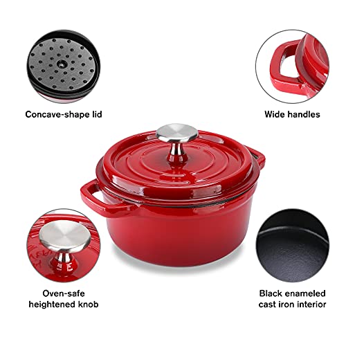 Puricon 4.9 QT Non-Stick Enameled Cast Iron Dutch Oven with Lid, 4.9 Quart Round Enamel Cast Iron Skillet with Loop Handles -Red