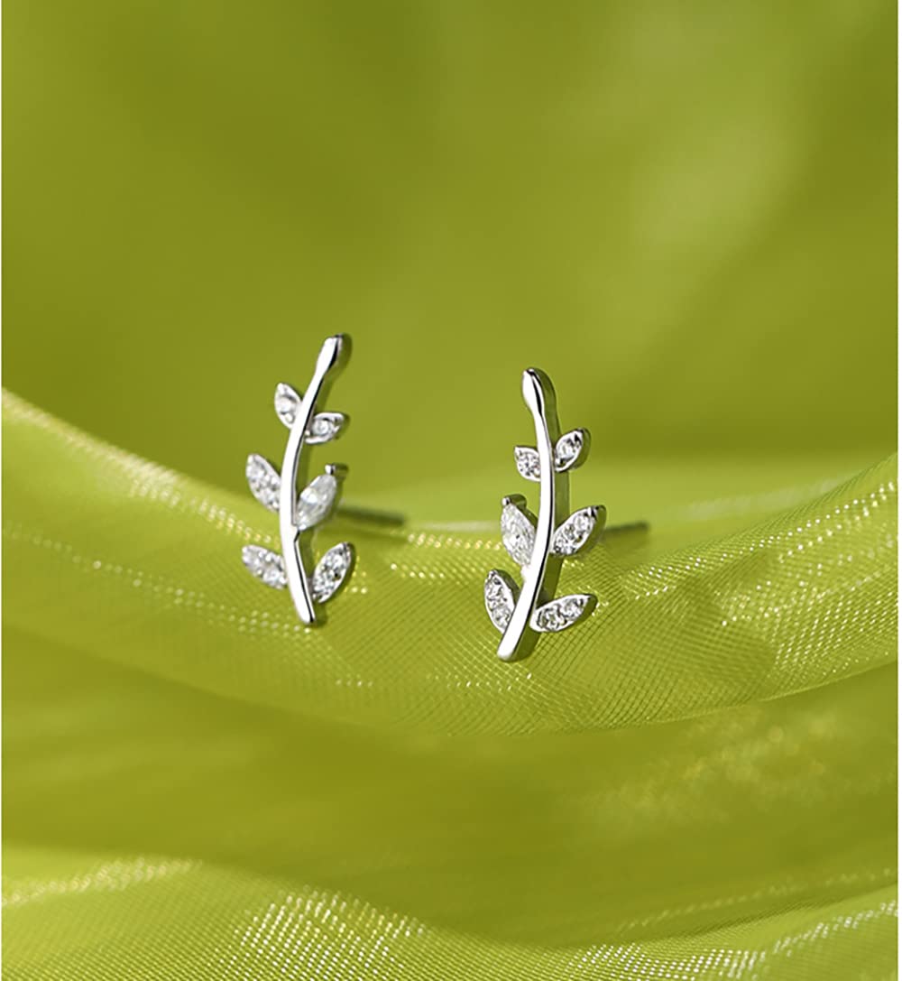 Reffeer Solid 925 Sterling Silver Leaf Crawler Stud Earrings for Women Teen Girls Crystal Leaf Stud Earrings (A-Silver)