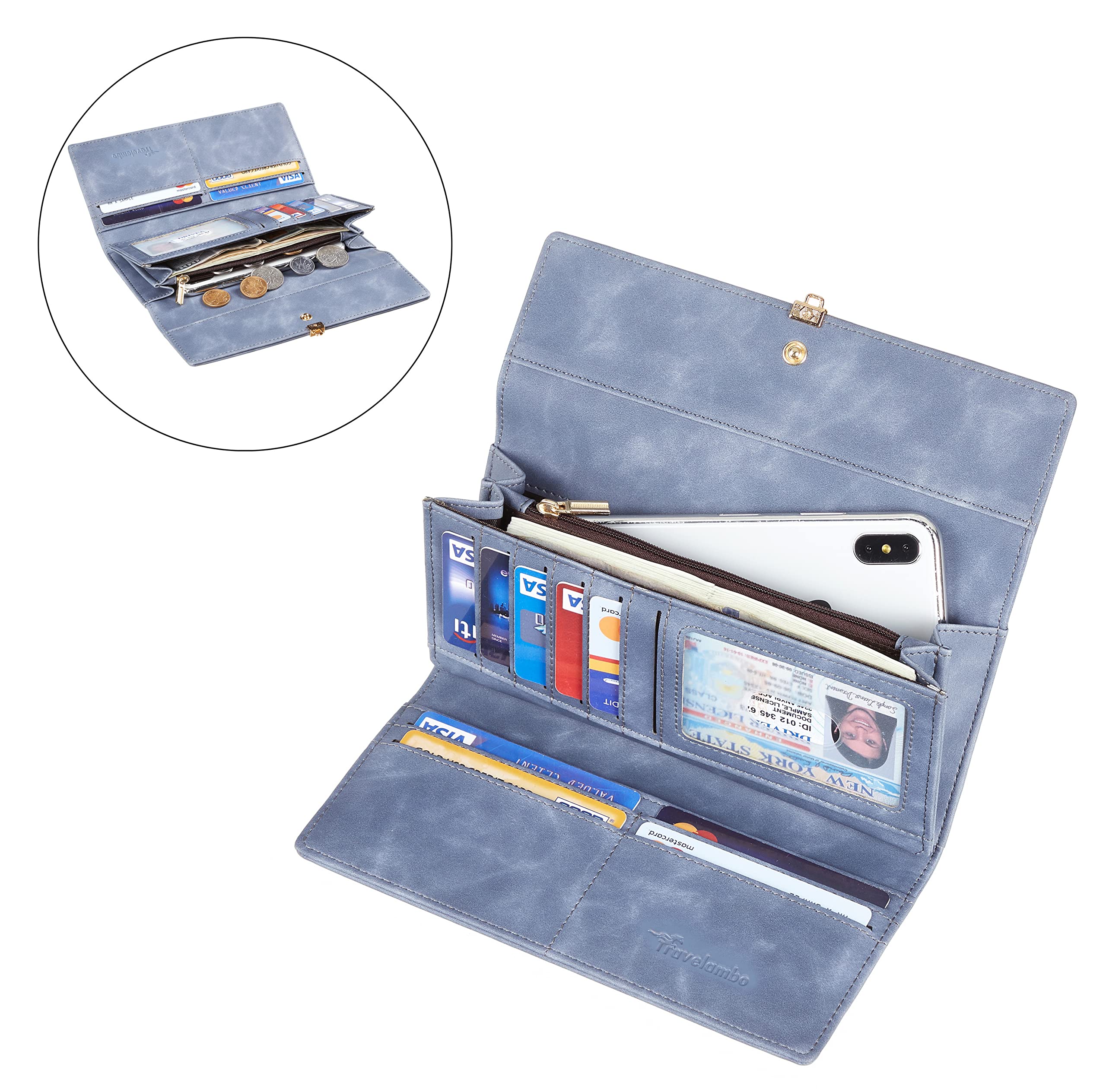 Travelambo Womens Wallet PU Leather RFID Blocking Multi Card Holder Large Capacity Organizer Zipper Coin Purse (Sapphire Blue)