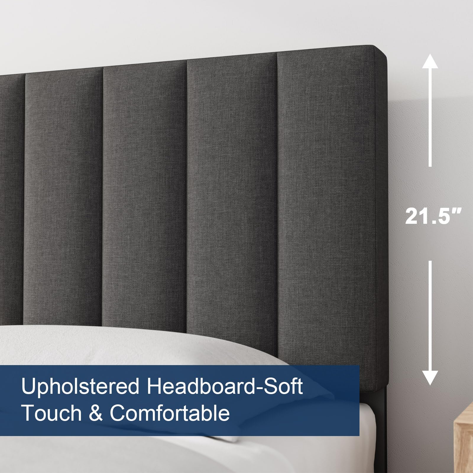 Molblly King Size Bed Frame Upholstered Platform with Headboard and Strong Wooden Slats,Mattress Foundation,Non-Slip,No Box Spring Needed, Easy Assembly,Dark Gray