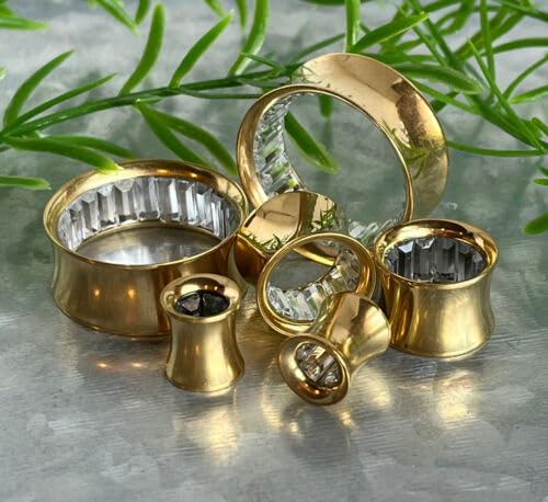 Lobal Domination PAIR of Inner Clear Square Gems & Gold Ion Plated Steel Saddle Tunnels Double Flare Plugs Gauges (7/8" (22mm))