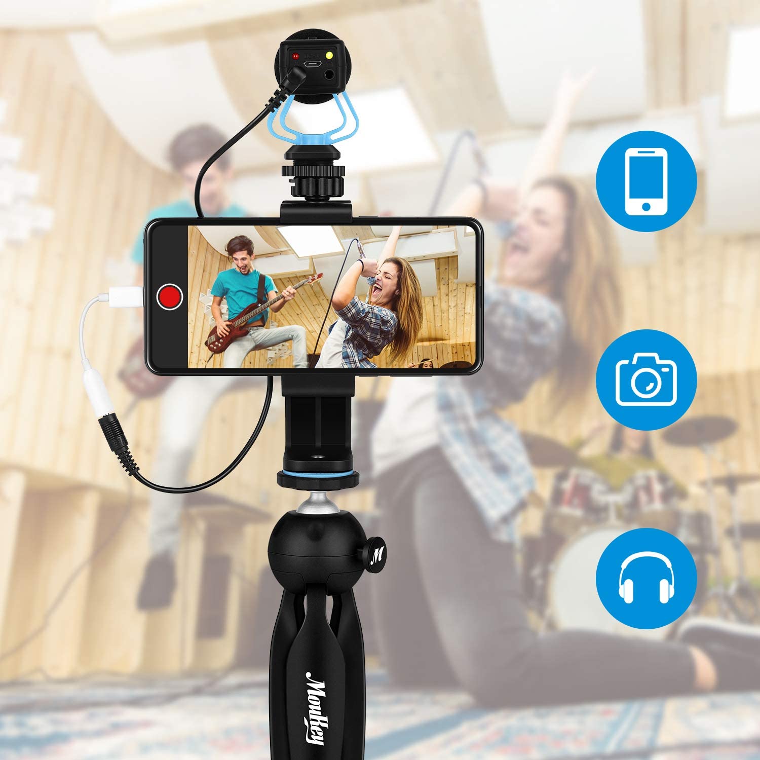 Moukey Video Microphone, Camera Microphone with Monitoring Function & Various Vlogging Accessories, Shotgun Mic for iPhone, Android Phone, Canon/Nikon/Sony Camera & Camcorder