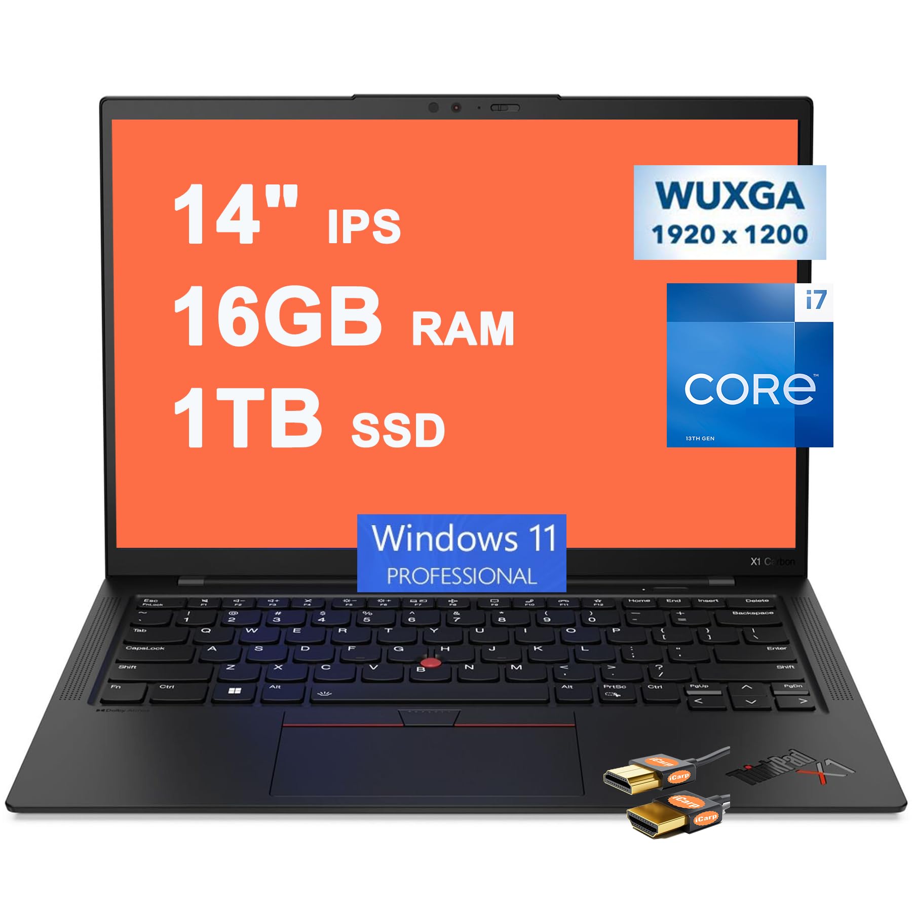 Lenovo ThinkPad X1 Carbon Gen 11 Business Laptop 14" WUXGA IPS Touch 400 nits 100% sRGB 13th Gen Intel 12-core i7-1365U 16GB RAM 1TB SSD Fingerprint Backlit Thunderbolt Win11Pro Black + HDMI Cable