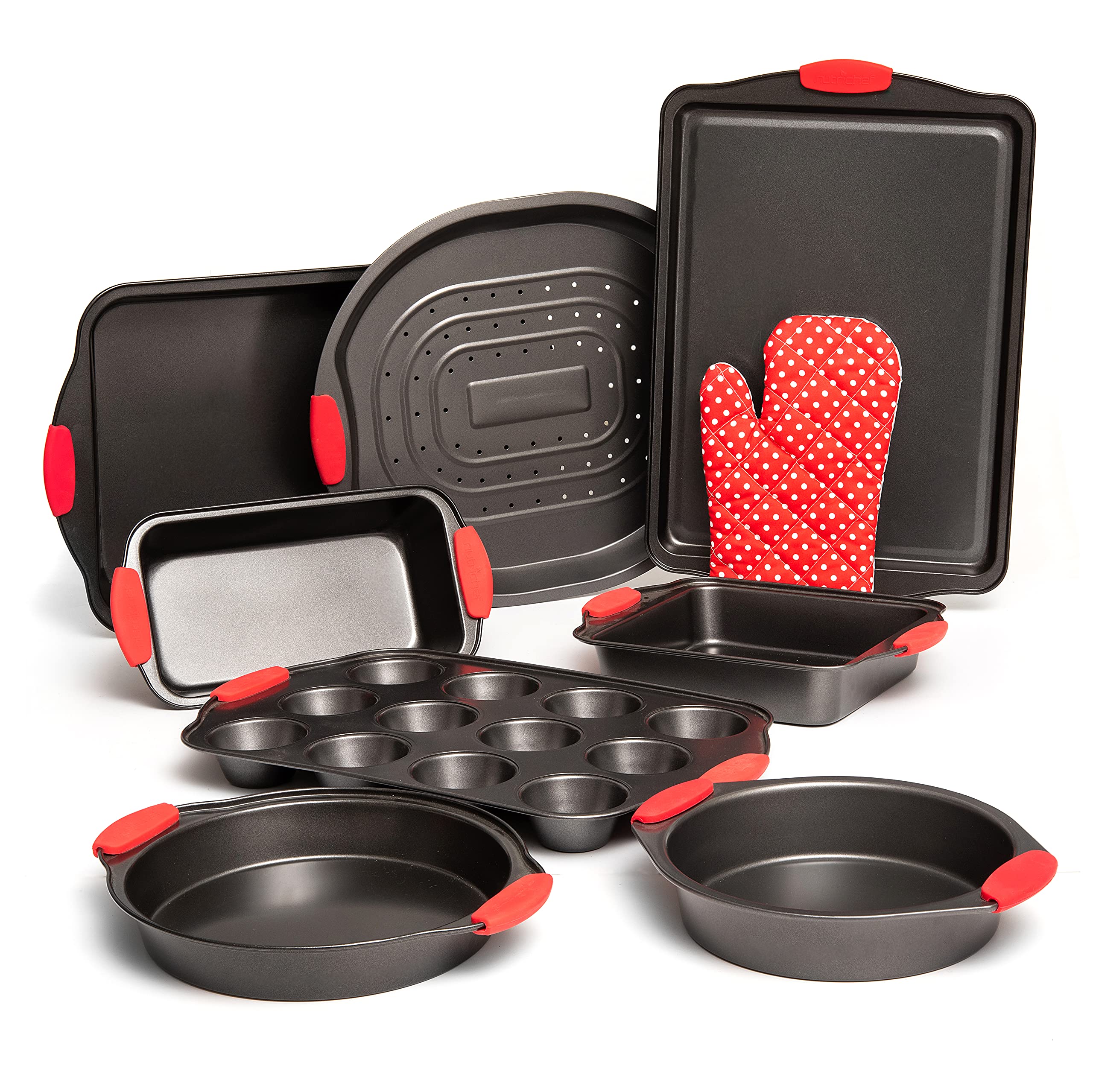 Moss & Stone 9 Piece Baking Pans Set Non Stick, Oven Safe Baking Sheet Set Carbon Steel Non-Stick PTFE Coating, Bakeware Set With Heat Red Silicone Handles, Black Baking Trays For Oven