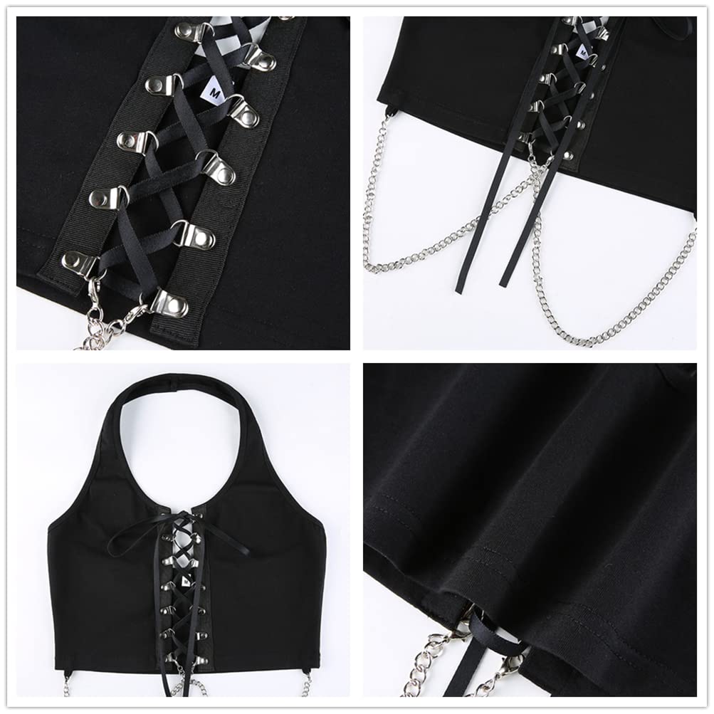 Sexy Western Tops for Women Goth Punk Halter Underboob Crop Top Lace Up Chains Backless Small