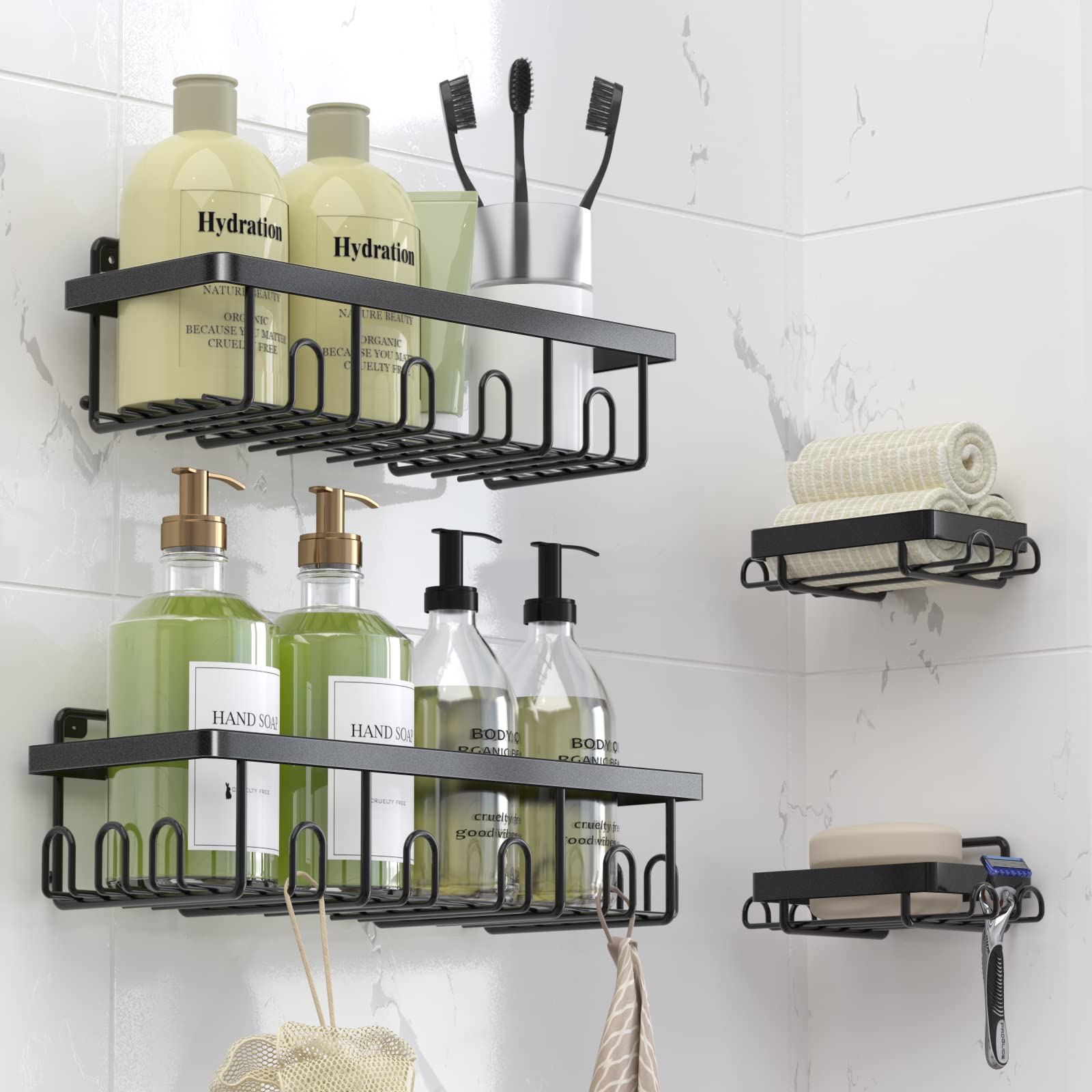 Meafuly Shower Caddy Shelf Organizer Rack - Stainless Steel with Hooks Bathroom Cabinet Organizer Shelf Space Saving and Easy to Organize 4 Piece decor Wall Shelf Set with 40lb Weight Capacity