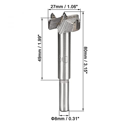 uxcell Forstner Wood Boring Drill Bit 27mm Dia. Hole Saw Carbide Alloy Steel Tip Round Shank Cutting for Hinge Plywood Wood Tool