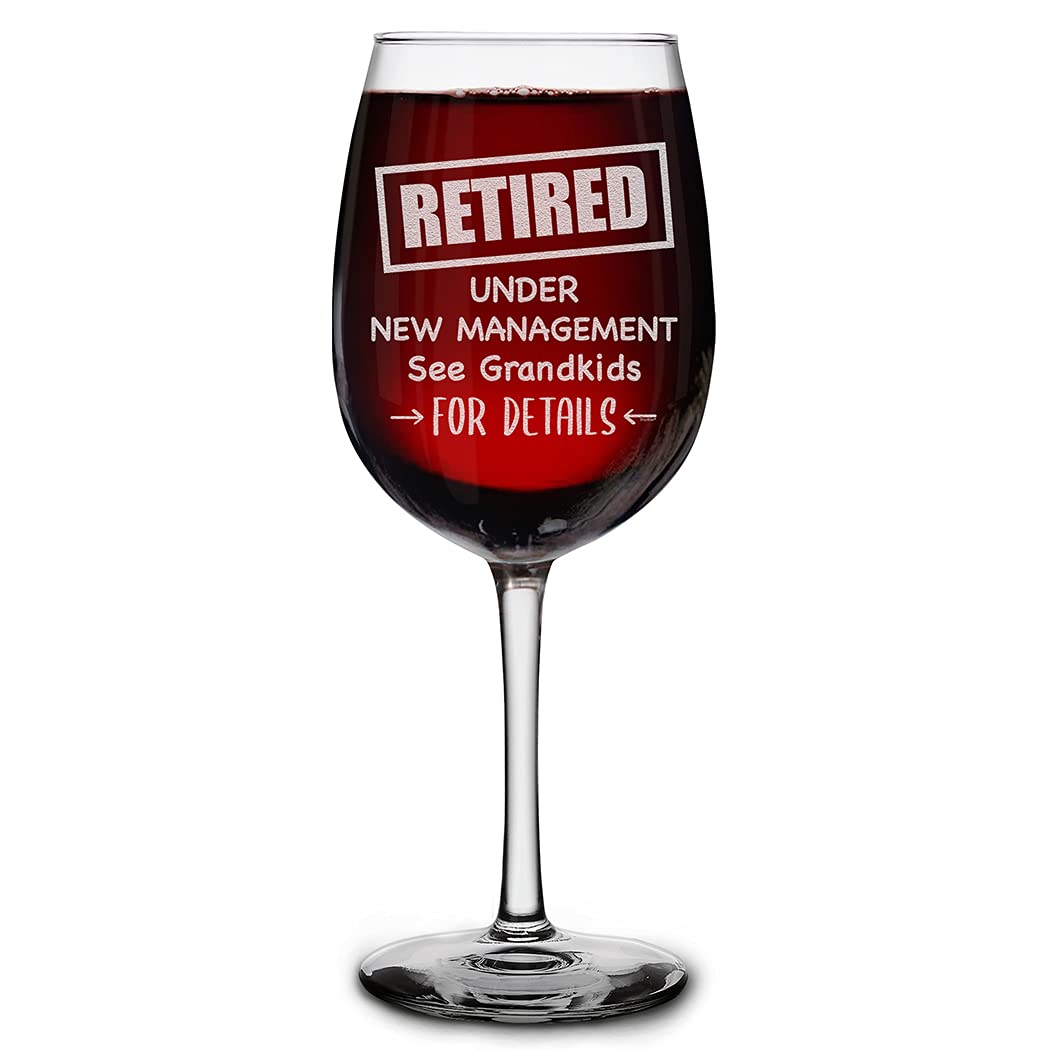 shop4ever Retired Under New Management See Grandkids For Details Engraved Stemmed Wine Glass 16 oz. Funny Retirement Gift for Grandma Grandpa