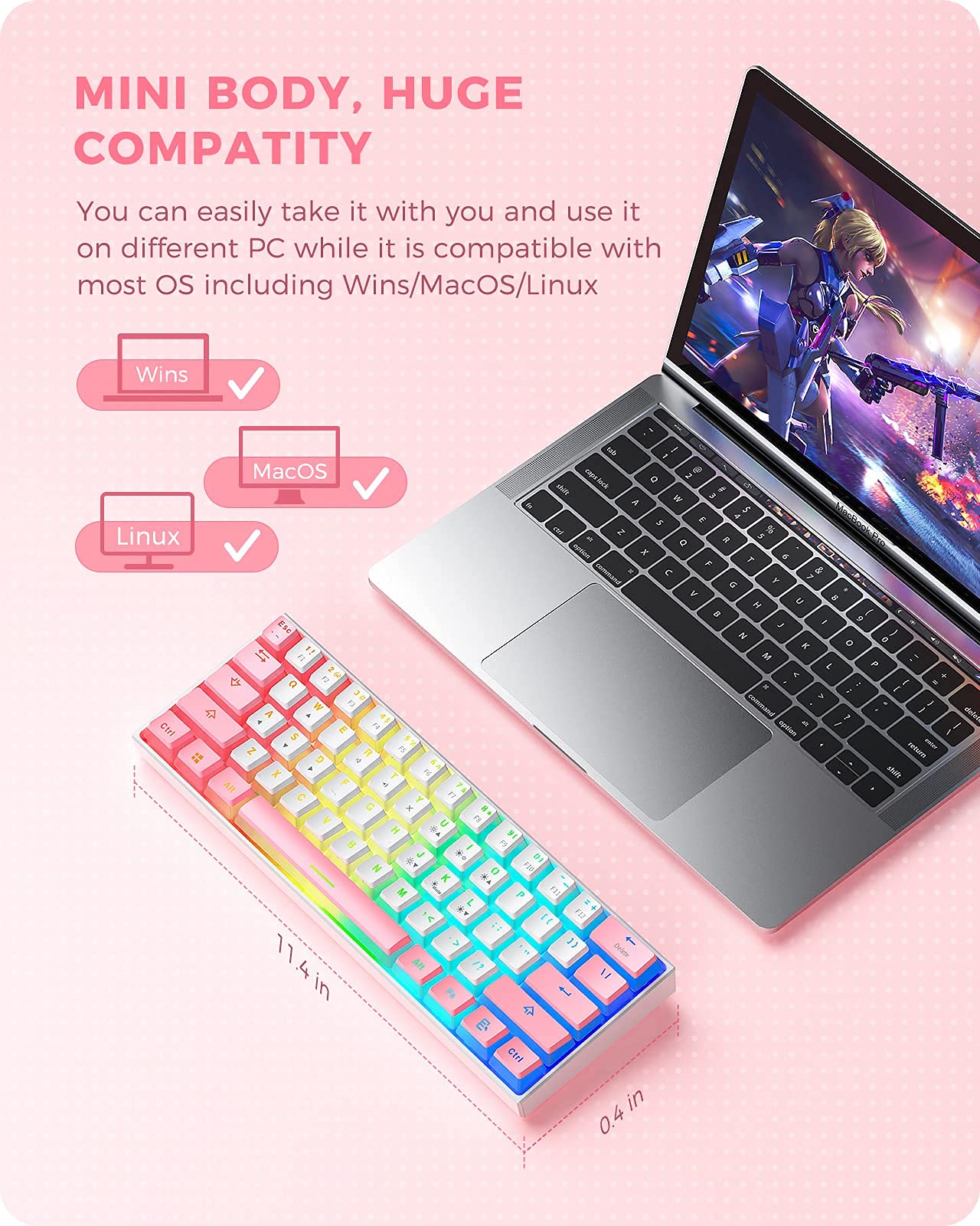 Seenda Pudding Hacker 61 Mechanical Gaming Keyboard, Wired Mini 60% Two-Tone White Pink Keyboard with Customizable RGB Backlit & Fully Programmable Keys, Red Switch and PBT Keycap Mechanical Keyboard