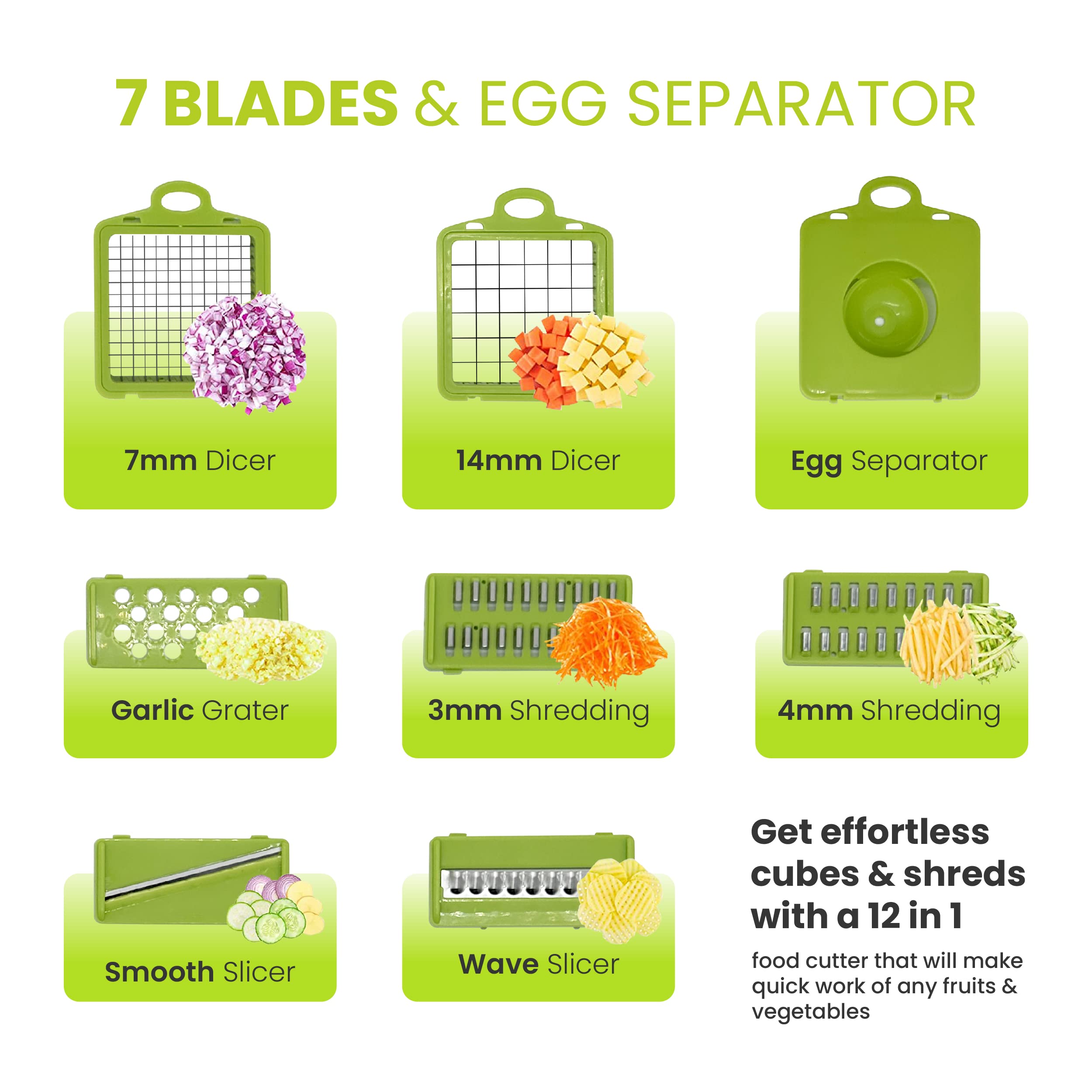 Lovelybren 12-in1 Vegetable Chopper - Heavy Duty Mandoline Slicer For Kitchen With 7 Blades, Egg Separator, Strainer - Fruit & Vegetable Slicer With Container - Hand-Wash - 13.4x4.7x4.9", Gray