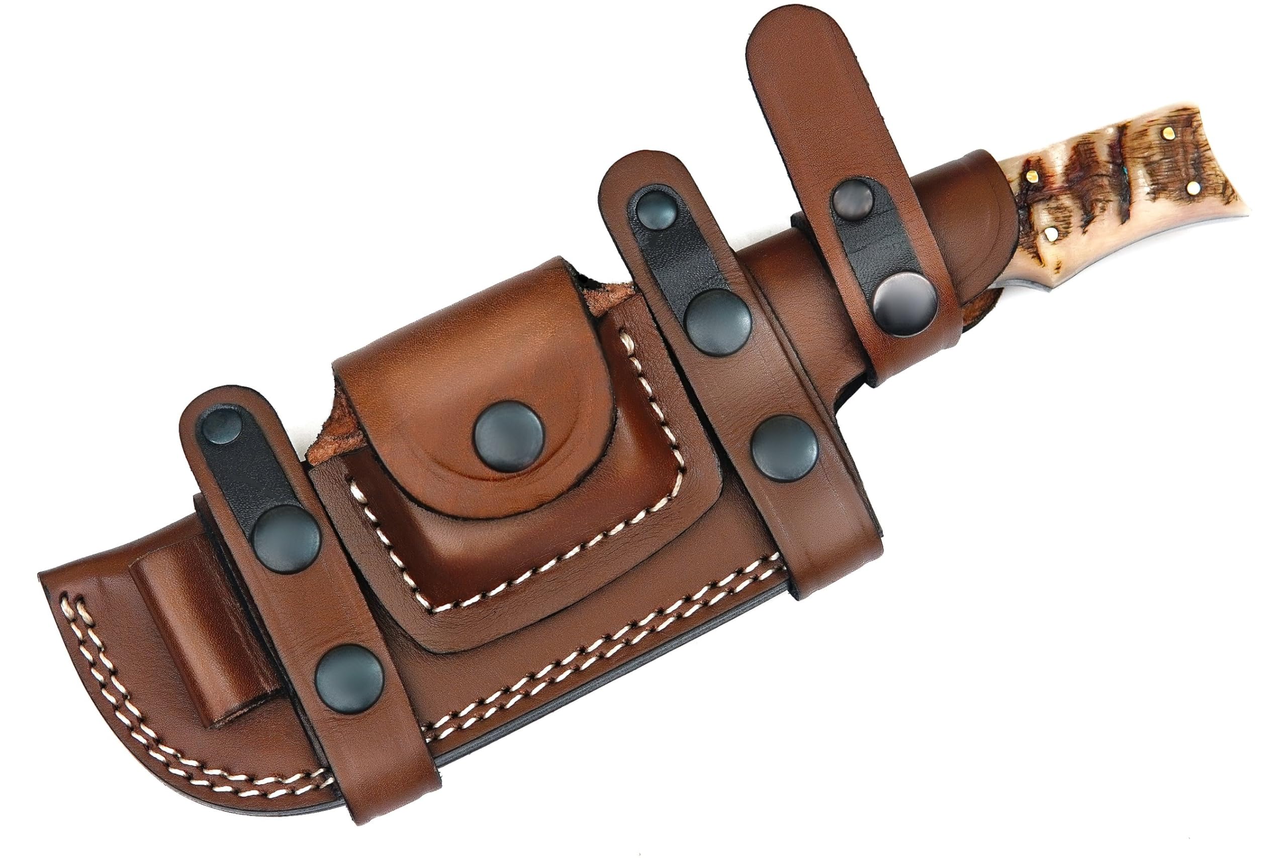 Ottoza Tracker Knife & Ram Horn Handle - Damascus Hunting Knife - Horizontal Carry Knife Sheath 262