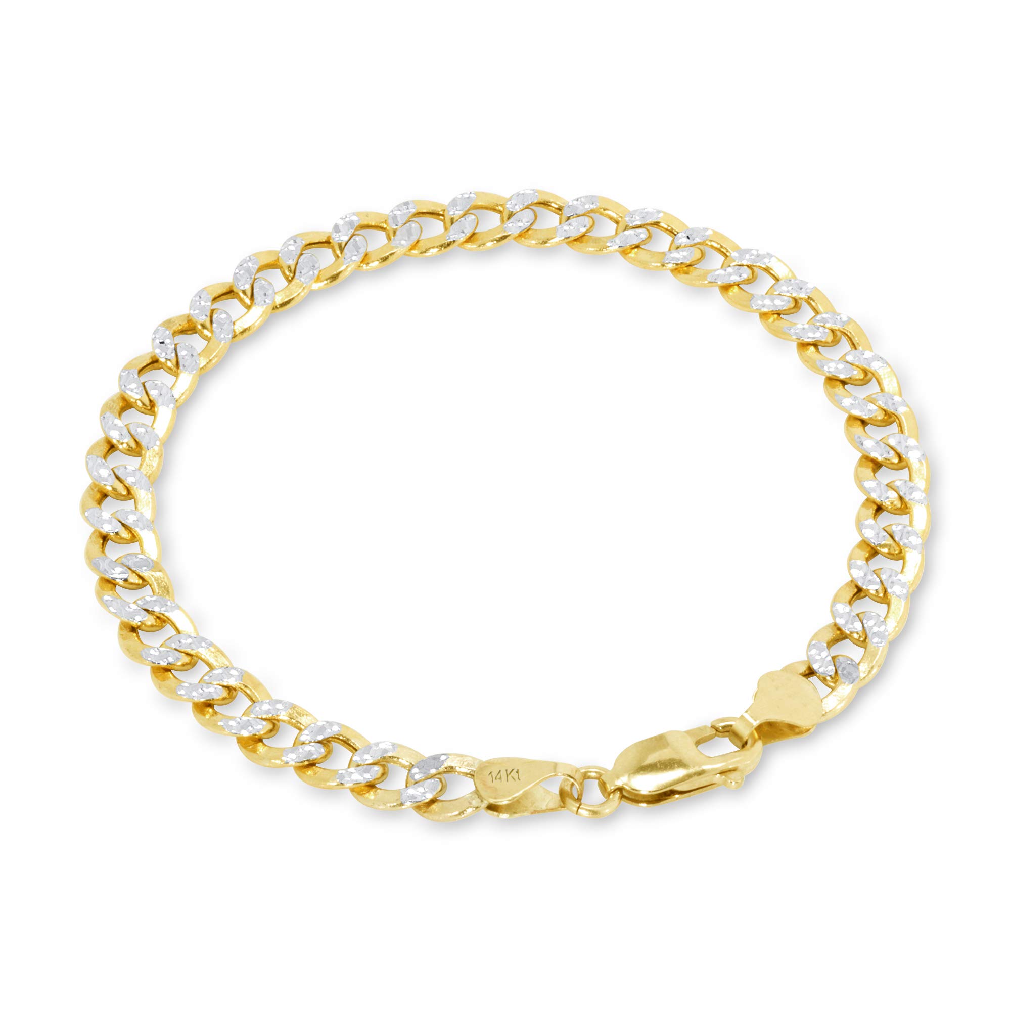 Nuragold 14k Yellow Gold 7mm Cuban Chain Curb Link Diamond Cut Pave Two Tone Bracelet, Mens Womens Jewelry 7" 7.5" 8" 8.5" 9"