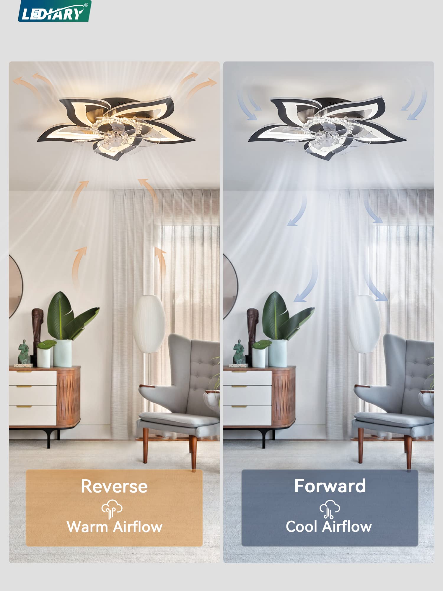 LEDIARY Flower Ceiling Fans with Lights, Small 27 Inch Modern Low Profile Ceiling Fan, Dimmable LED Ceiling Light Fixture, Flush Mount Ceiling Fans with Remote for Bedroom, Kitchen, Indoor-Black