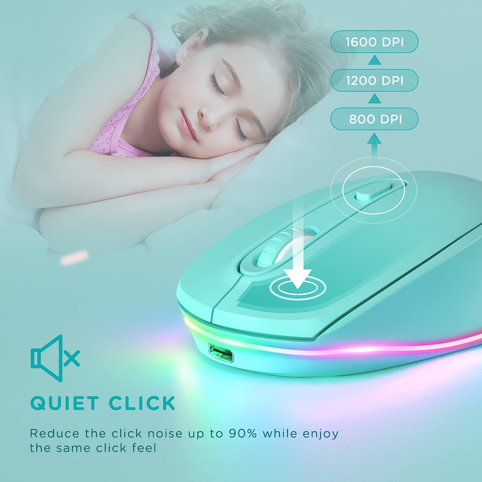seenda Wireless Mouse, Rechargeable Light Up Mouse for Laptop, Small Cordless Mice with Quiet Click LED Rainbow Lights for PC Computer Kids Chromebook Windows Mac,Mint