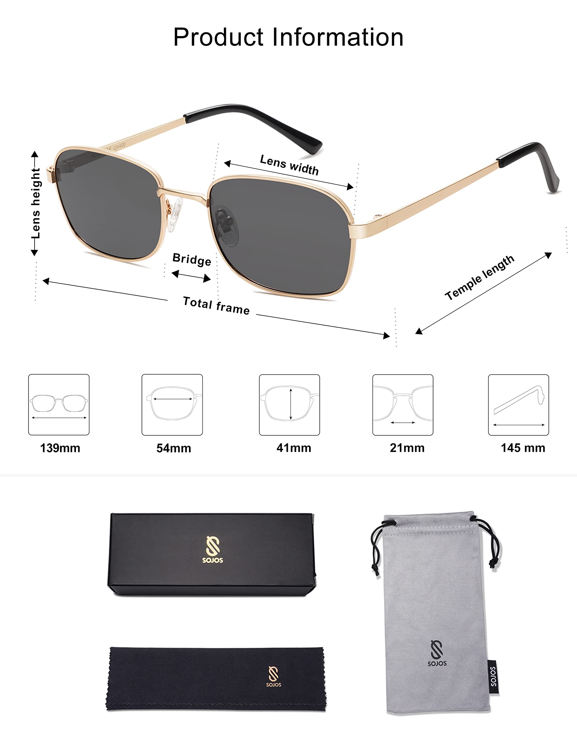 SOJOS Retro Rectangle Polarized Sunglasses for Women and Men,Vintage Narrow Square Womens Shades SJ1177 Gold Grey Lens
