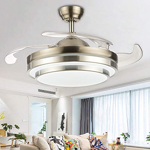 Modern Ceiling Light with Fan Remote Control Retractable Blades 3 Color Lighting 3 Speed Chandelier Light Retractable Invisible Blade for Living Room Bedroom Basement Restaurant Dining Room (42-Inch)