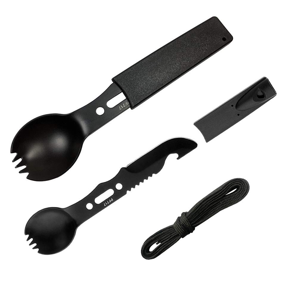 Multi-Function Portable Camping Tool,Stainless Steel Fork Spoon Knife Combo Utensil with Bottle Opener/Emergency Whistle/Saw Tooth Blade/Rope, Survival Multitool for Hiking/Hunting (Black-Black)