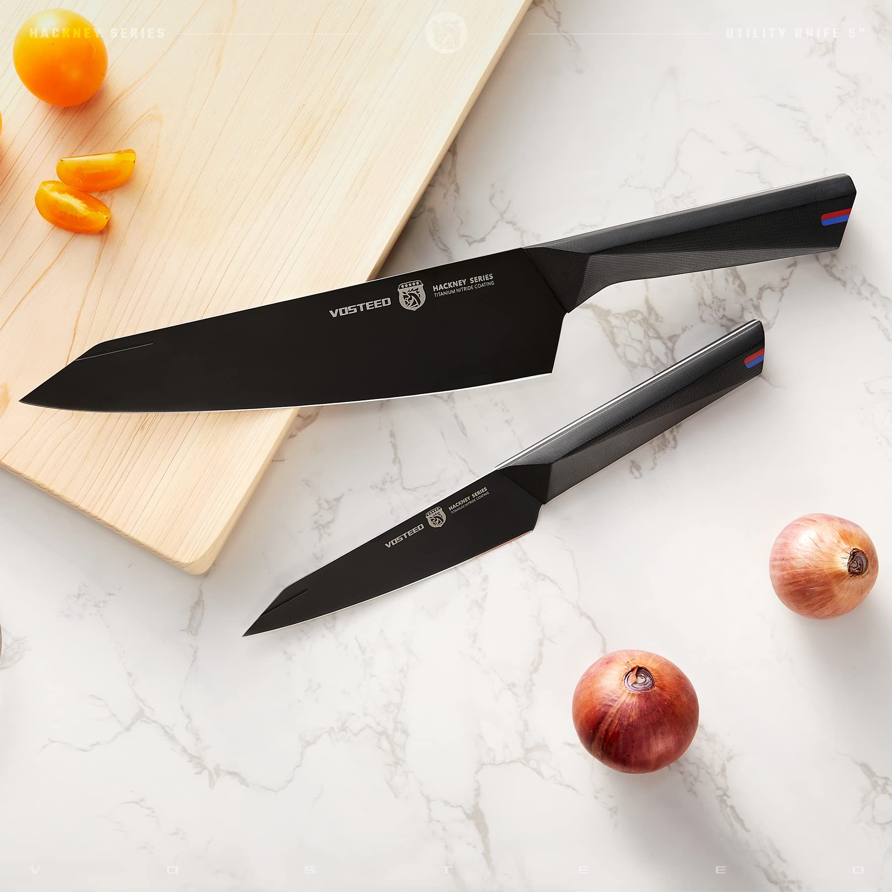 Vosteed Hackney 8.5 Inch Chef Knife with Sheath - Sharp Cooking Chef's Knife Pro Kitchen Chopping & Cutting Knife - High Carbon 7CR17MOV Stainless Steel & Titanium Nitride Coated, Gift Box