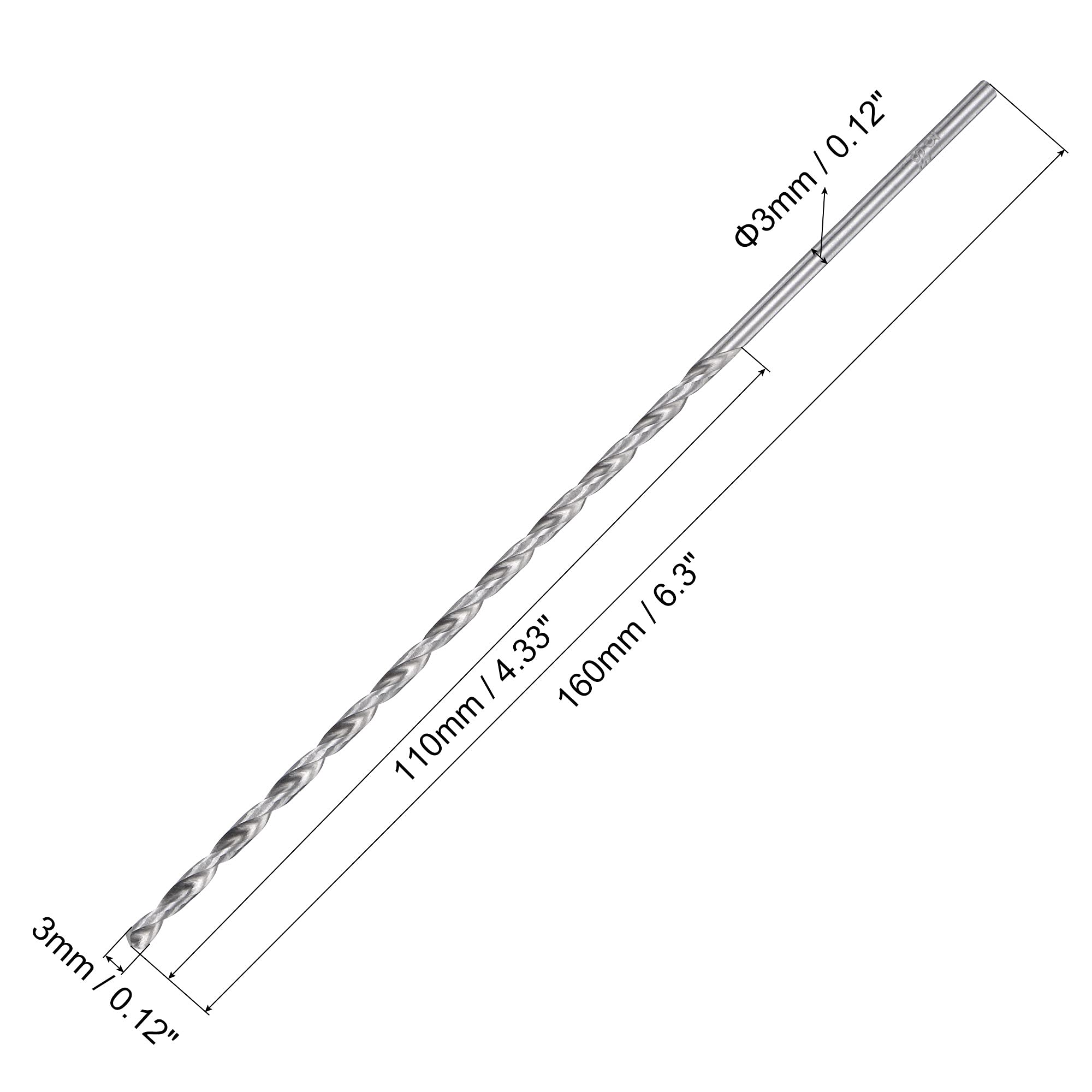 uxcell HSS(High Speed Steel) Straight Shank Jobber Twist Drill Bit 3mm Drill Diameter Extension 160mm Length for Hardened Metal Woodwork Plastic Aluminum Alloy 2 Pcs