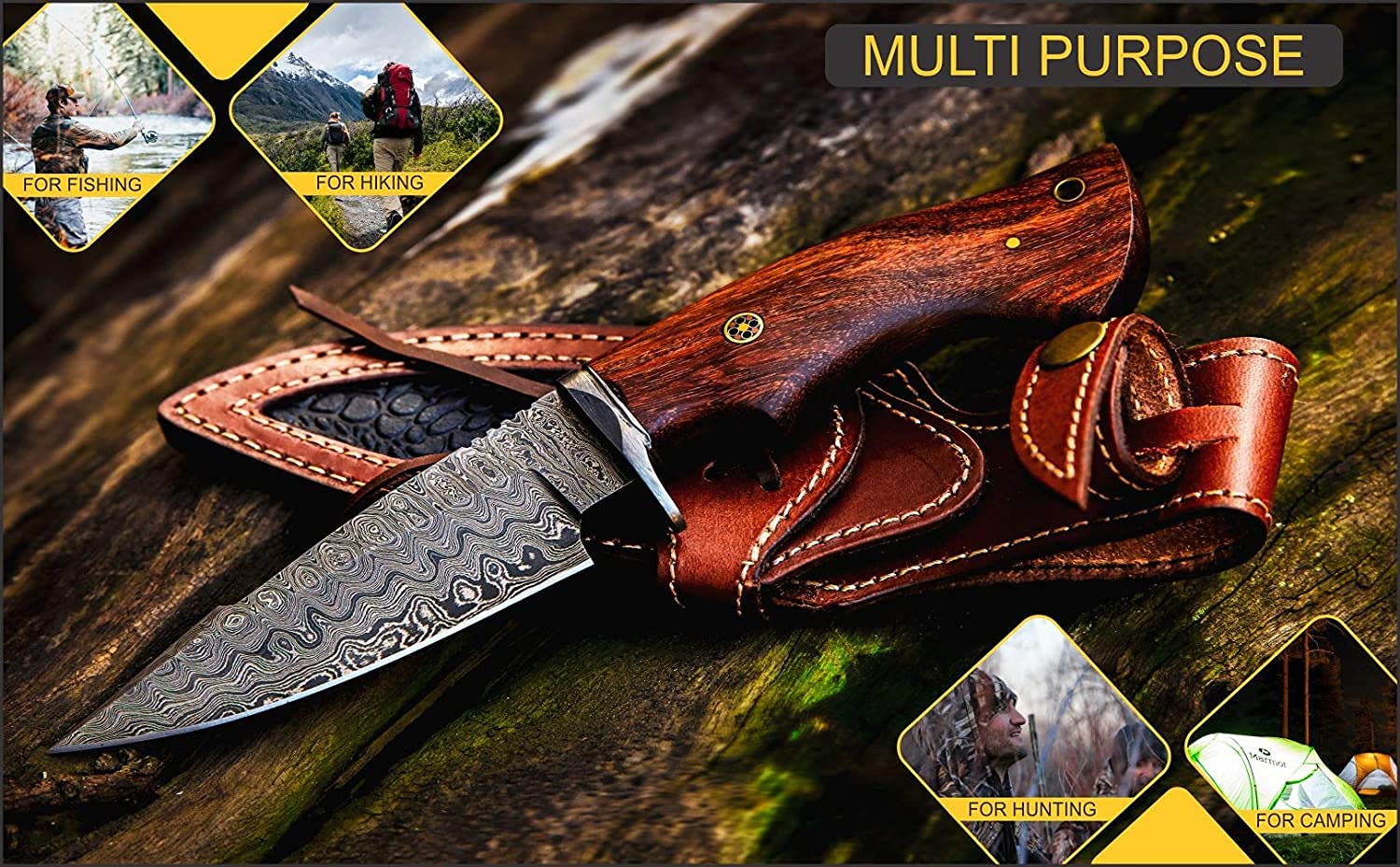 onlyhandmade 10 Inch Damascus knife Handmade Hunting Knife with Sheath Fixed blade knife Non-Slip Wood Handle (Brown)
