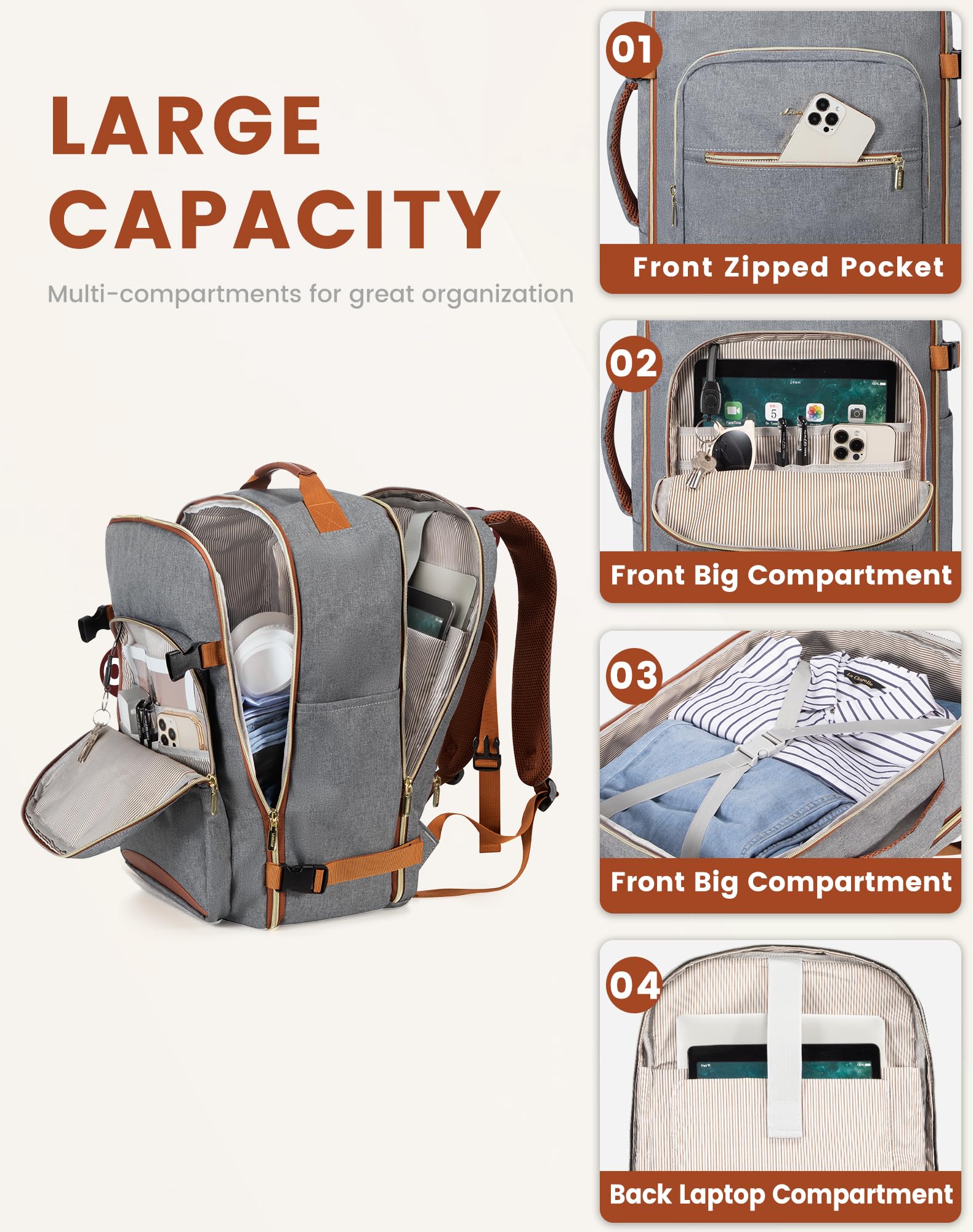 LOVEVOOK Carry on Backpack, 40L Travel 17inch Laptop Backpack as Personal Item Flight Approved, Waterproof Large TSA Luggage Daypack Business Weekender Overnight with 3 Packing Cubes, Grey-B