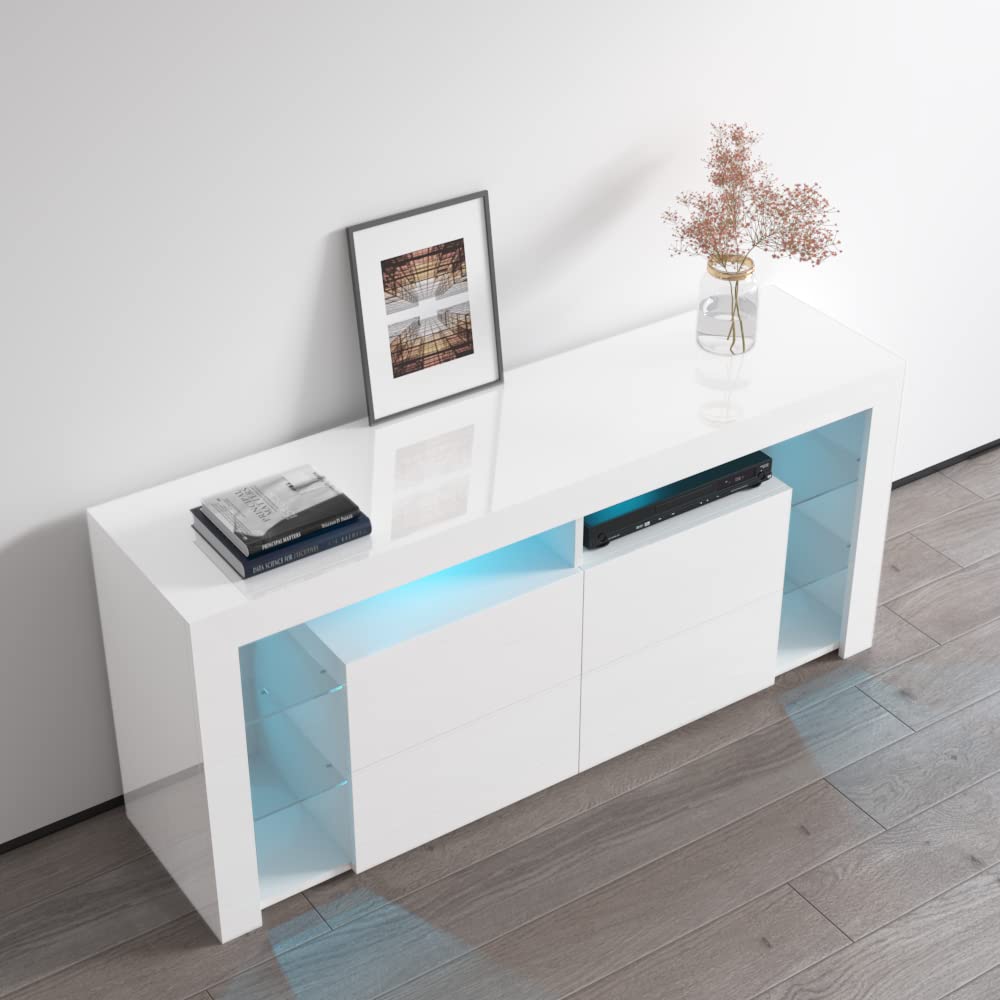 Meble Furniture Minelli TV Stand for TVs up to 70", Modern High Gloss 61" Entertainment Center, TV Media Console with Storage Cabinets and LED Lights