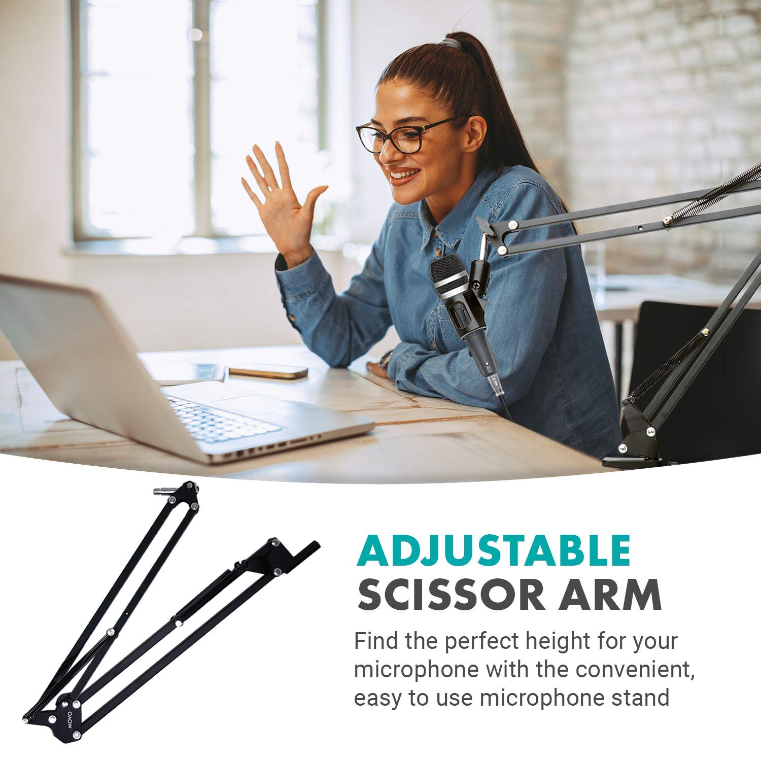 Movo ASM-5 Adjustable Professional Microphone Suspension Scissor Arm Microphone Boom Arm Stand. Compact Desk Mic Stand with Clamp Mount Essential Podcasting Equipment for Interviews, Webinars and More