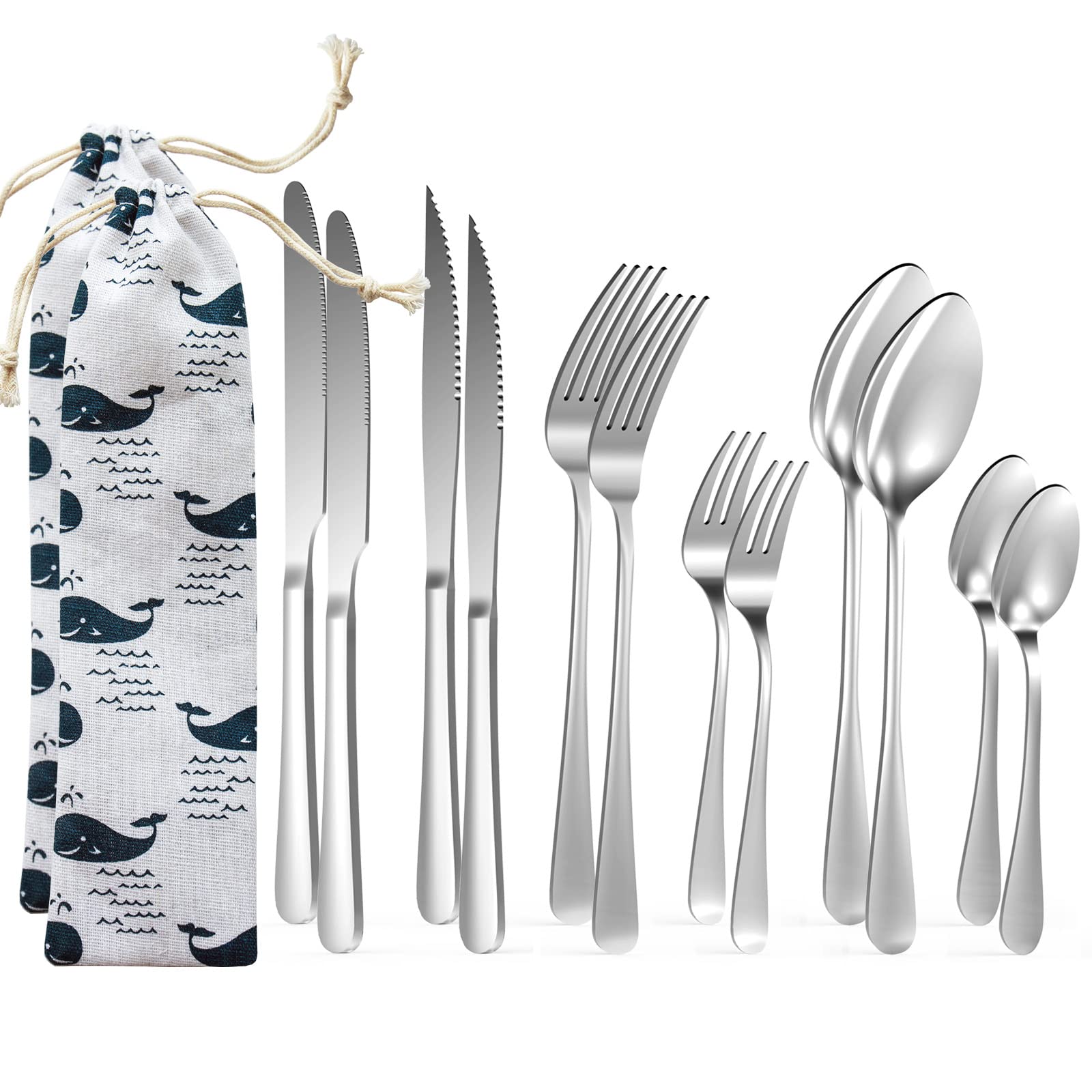 Reusable Utensils Set 12 Piece Portable Travel Flatware Sets, Mirror Polished Silverware Stainless Steel Cutlery Set for Kitchen Restaurant Hotel