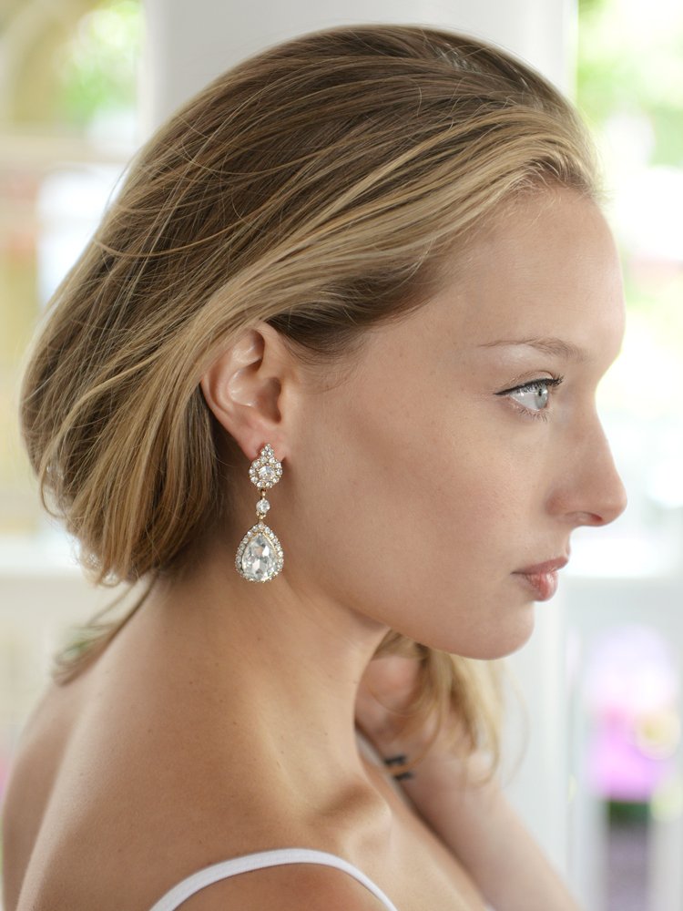 Mariell Gold Clip-On Earrings with Austrian Crystal Teardrop Dangles - Prom & Bridal Chandelier Clip Ons