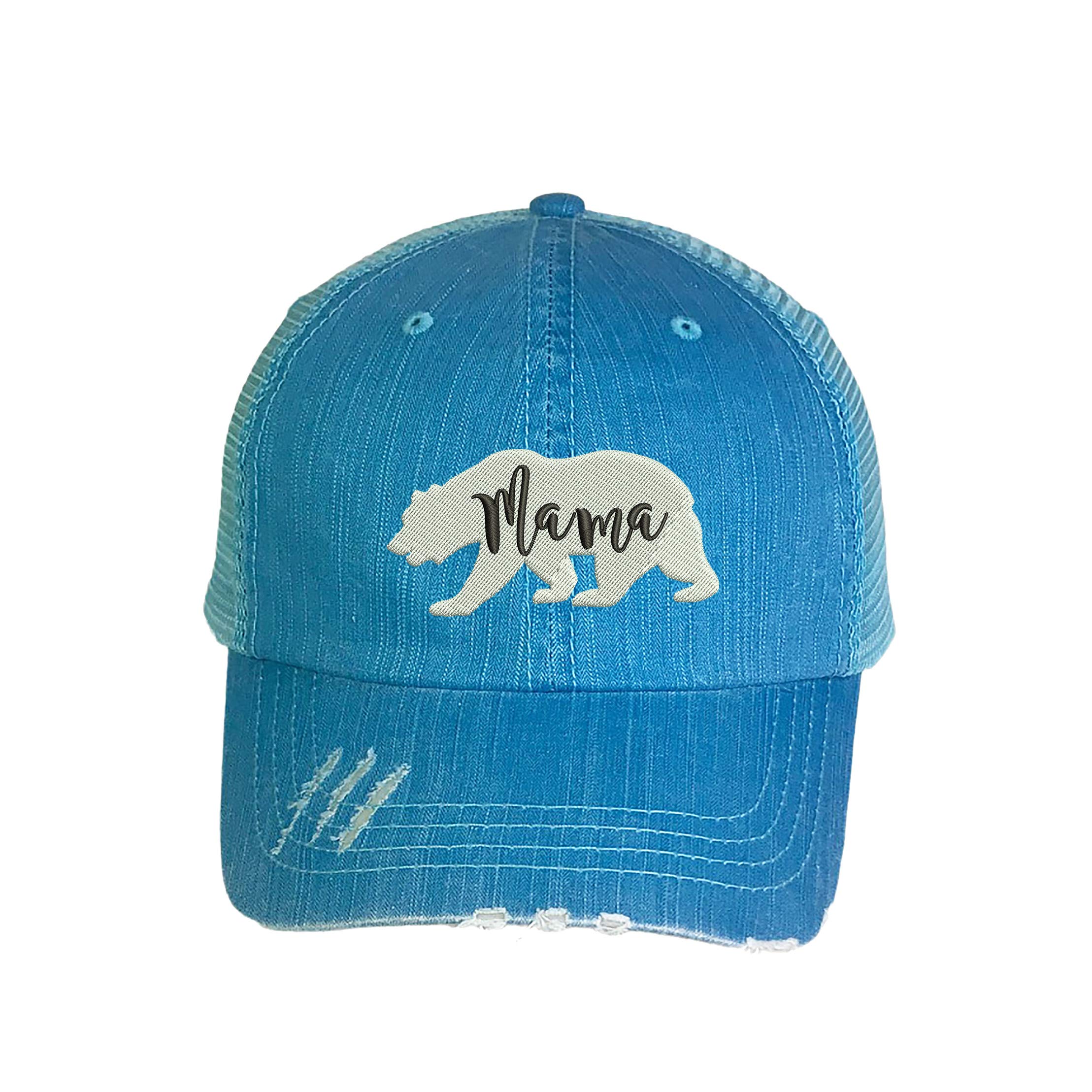 Mama Bear Distressed Trucker Hat - Embroidered Baseball Hat (Black/Gray)