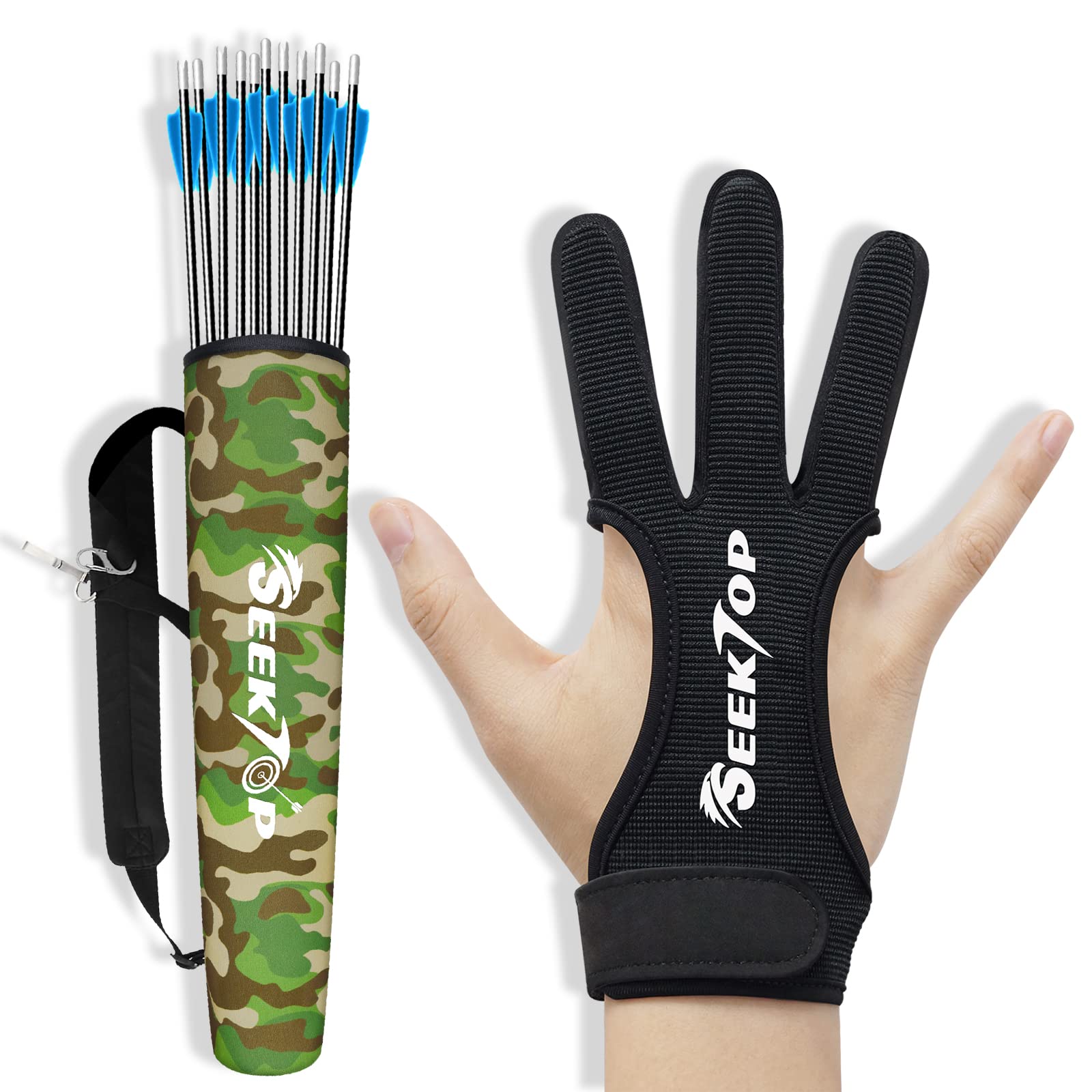 Seektop Archery Gloves Adjustable Archery Back Arrow Quiver Holder for Youth Adults (L+Camo)