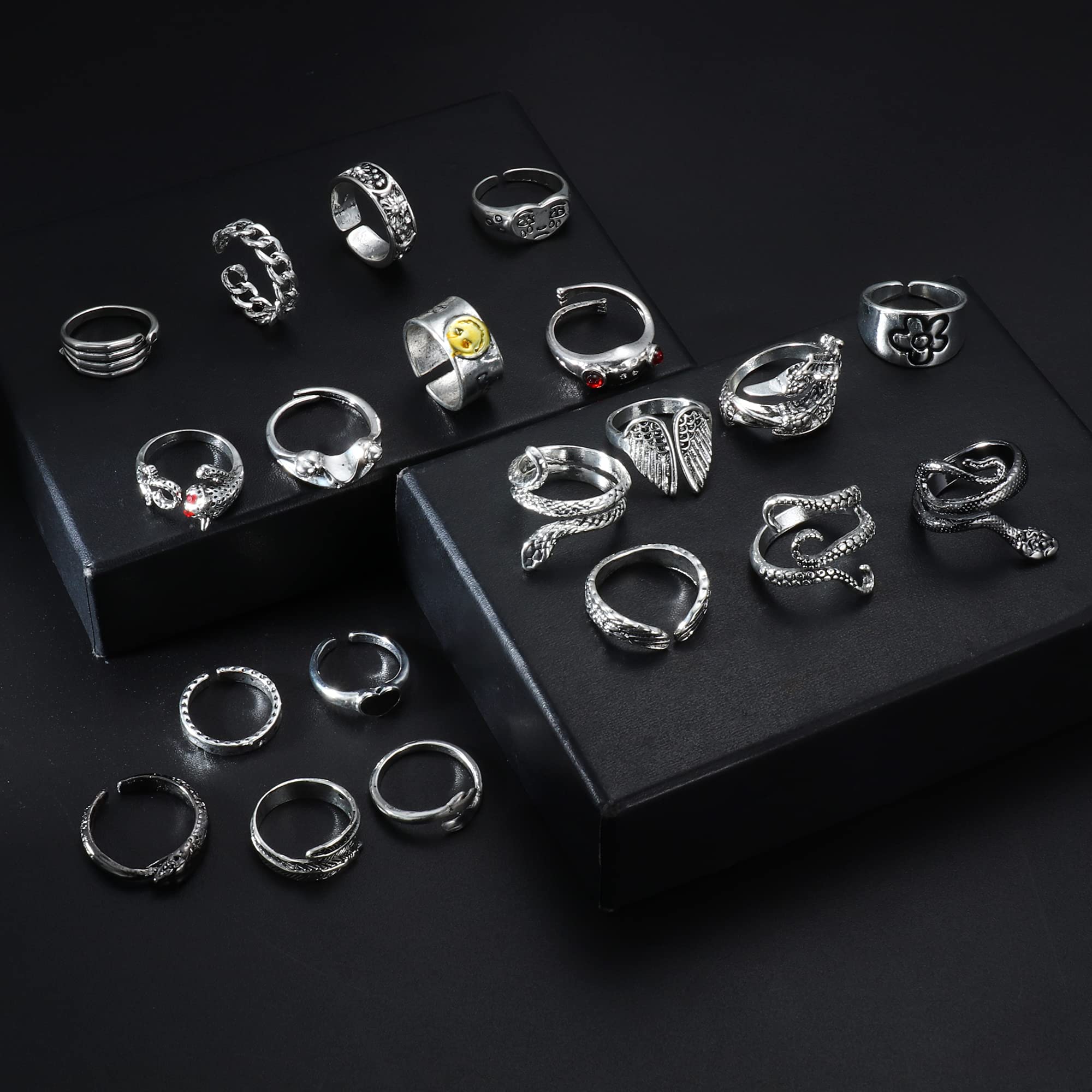 SAILIMUE 20 Pcs Goth Punk Rings for Men Women Adjustable Cool Vintage Silver Emo Ring Set Snake Frog Claw Open Stackable Gothic Ring Pack
