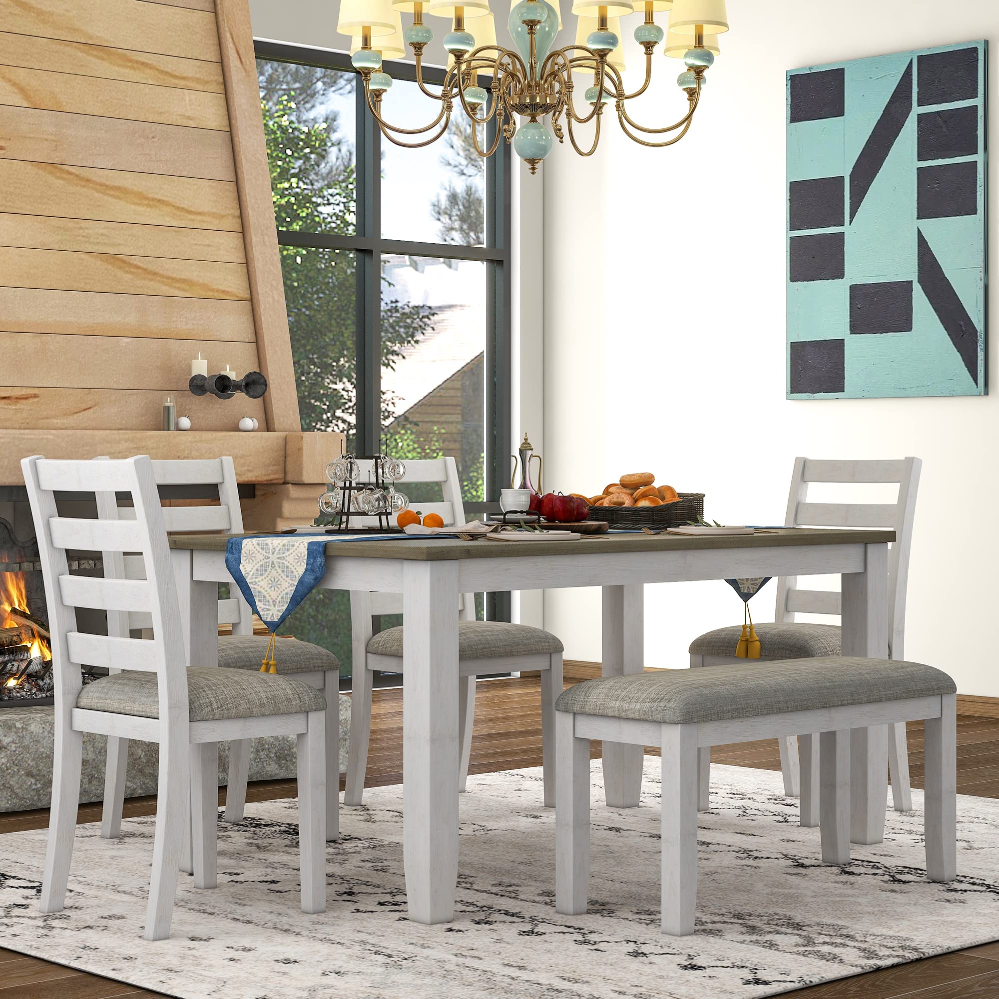 Lepfun 6-Piece Kitchen Dining Set for 6, Rustic Style Rectangular Wood Table and 4 Chairs 1 Bench with Upholstered Cushion for Family (Brown + Whitewash)