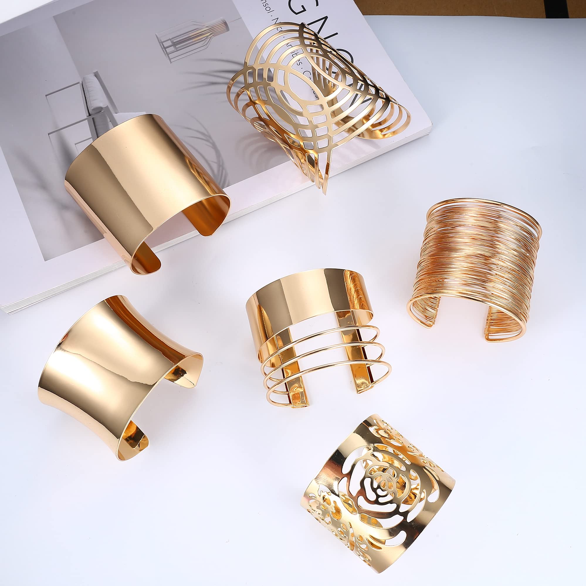 SAILIMUE 6 Pcs Cuff Bangle Bracelet for Women Gold Cuff Bracelets Open Wide Wire Bracelets Adjustable Sliver Gold-Tone Wrist Cuff Wrap Bracelet