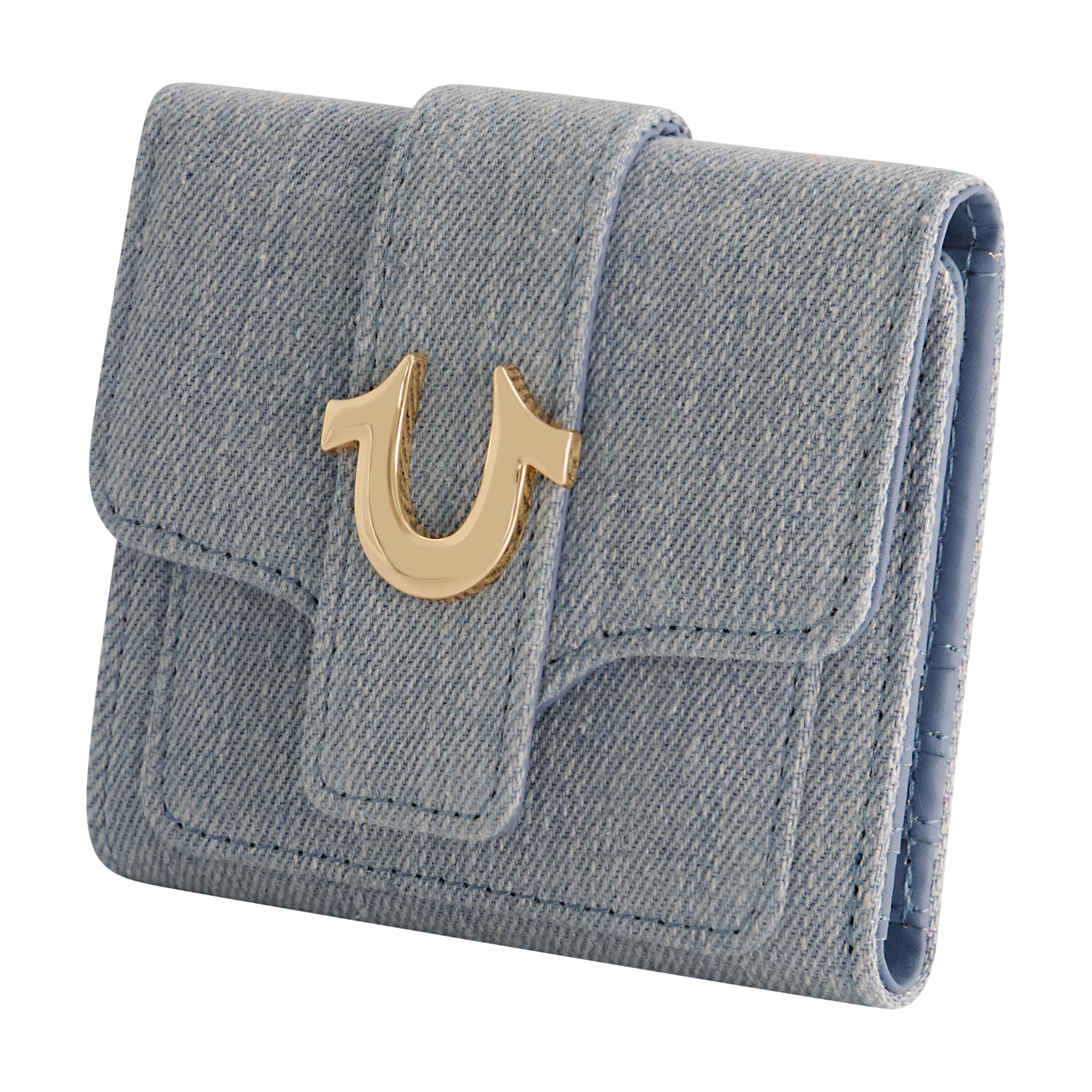 True Religion Women's Mini Wallet, Horseshoe Logo Small Compact Trifold Clutch Purse, Brown