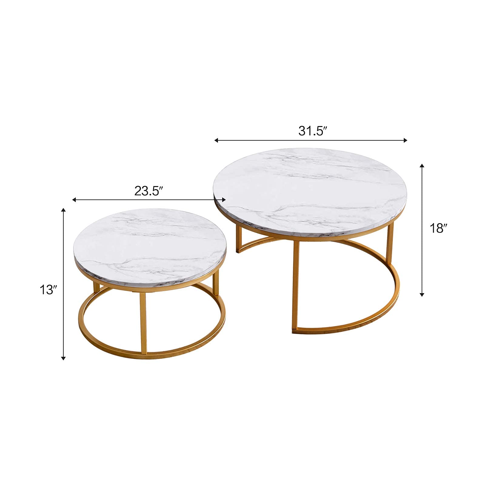 Modern Nesting Coffee Table, Marble Look Sofa Side Nest of Tables Round End Tables, Set of 2, Golden Color Frame with Wood Top- 32β& 24β Table Set